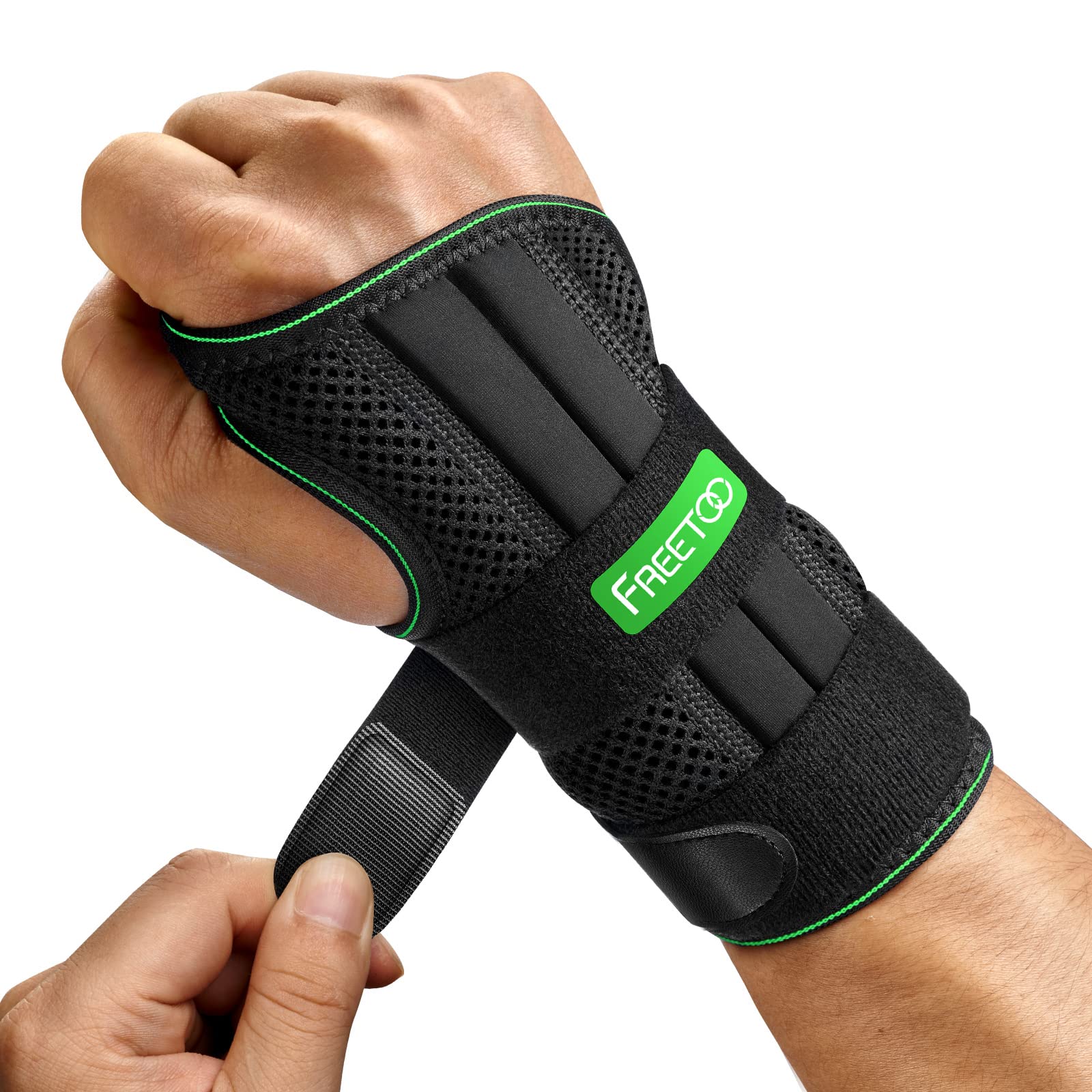 FREETOO Wrist Brace for Carpal Tunnel Relief Night Support , Maximum Support Hand Brace with 3 Stays for Women Men , Adjustable Wrist Support Splint for Right Left Hands for Tendonitis, Arthritis , Sprains, Green (Right Hand, S/M)