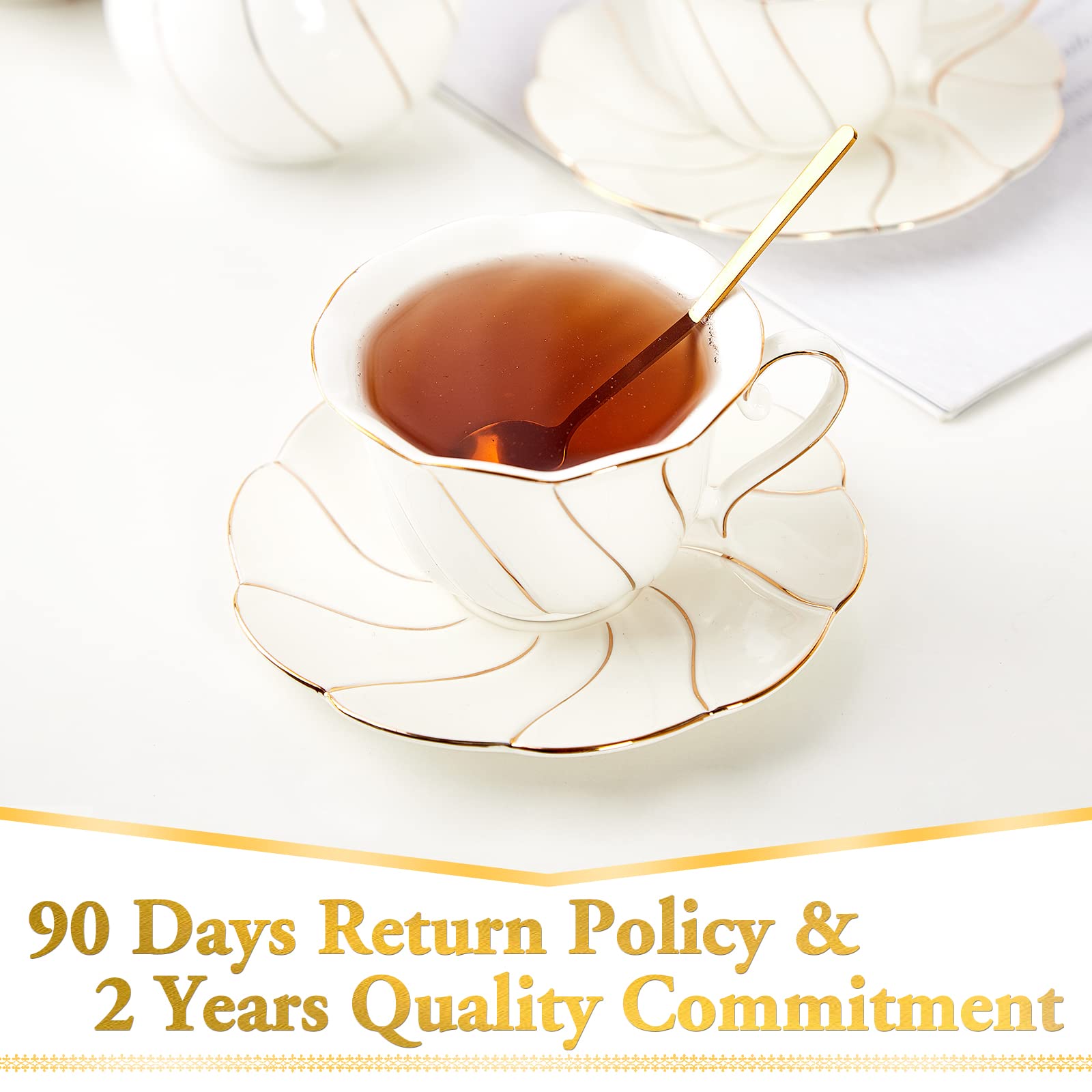 DUJUST 3 pcs Porcelain Tea Cup and Saucer Set with Tea Spoon, Luxury British Style Tea/Coffee Cup Set with Golden Trim, Beautiful Tea Set for Living Room Decoration & Tea Party