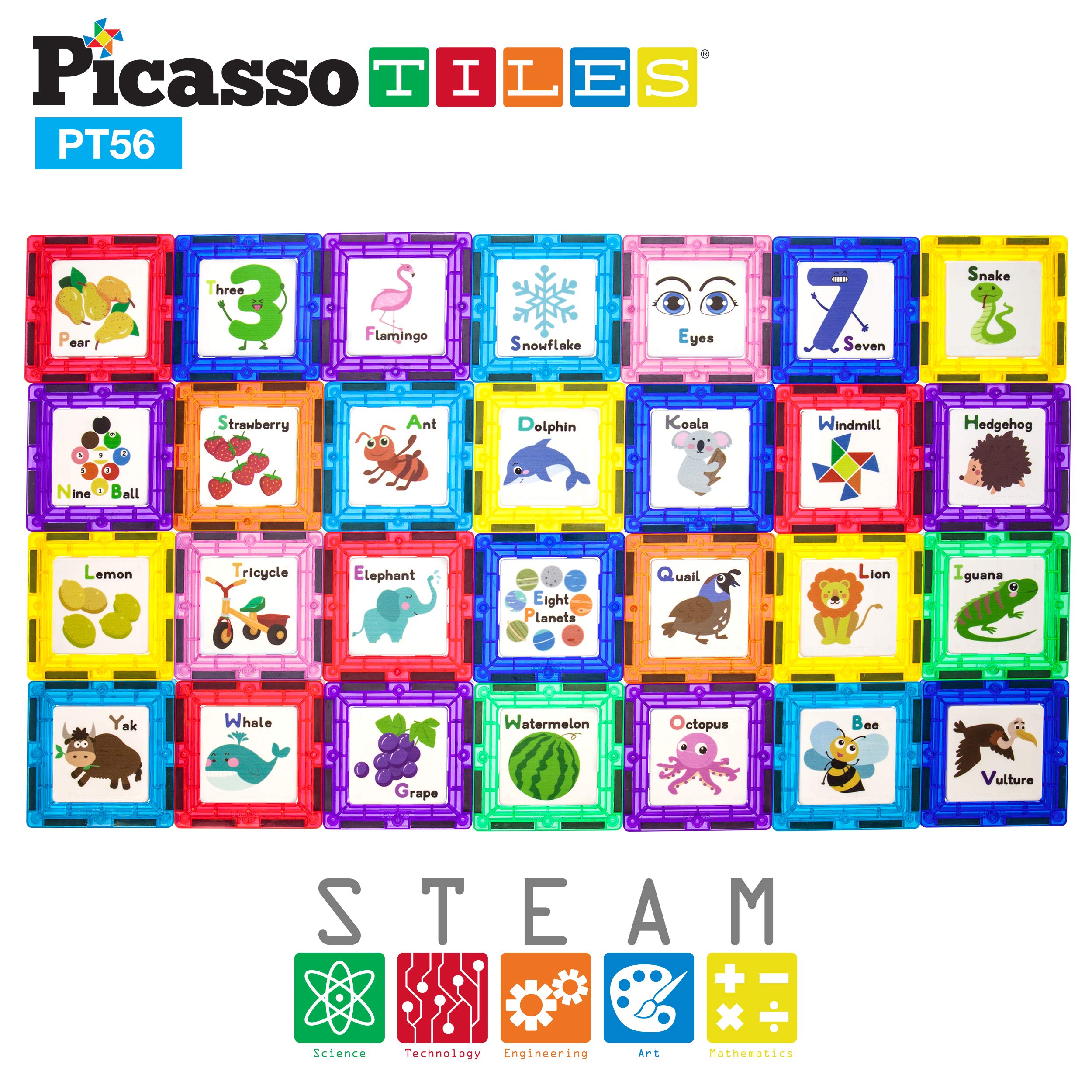 PicassoTiles Magnetic Building Blocks with Tiles and Educational Artwork Graphic Click-in Inserts Magnet Construction Toy Set STEM Learning Kit Playset Child Brain Development PT56