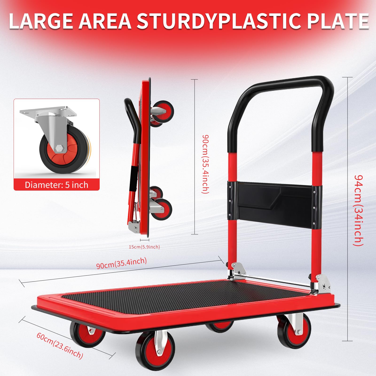 Heavy Duty Steel Platform Truck Cart,1200 lbs Weight Capacity and 360 Degree Swivel Wheels, Foldable Push Hand Cart for Loading and Storage, Reinforced Base Plate (Red,Large)