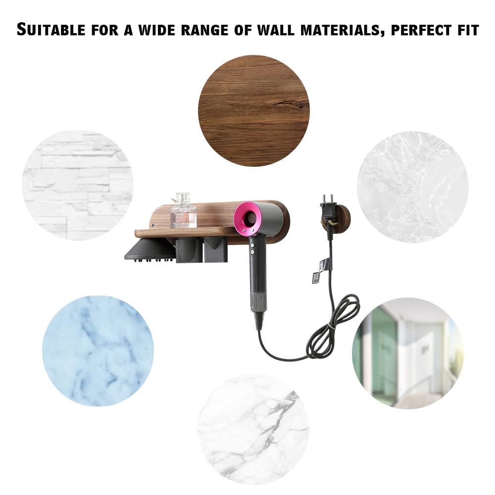 Wood Wall Mount Hair Dryer Holder for Dyson Supersonic, Walnut Bathroom Rack Magnetic Wall Bracket for Dyson Hair Dryer Power Plug, Diffuser and Nozzles Storage Organizer