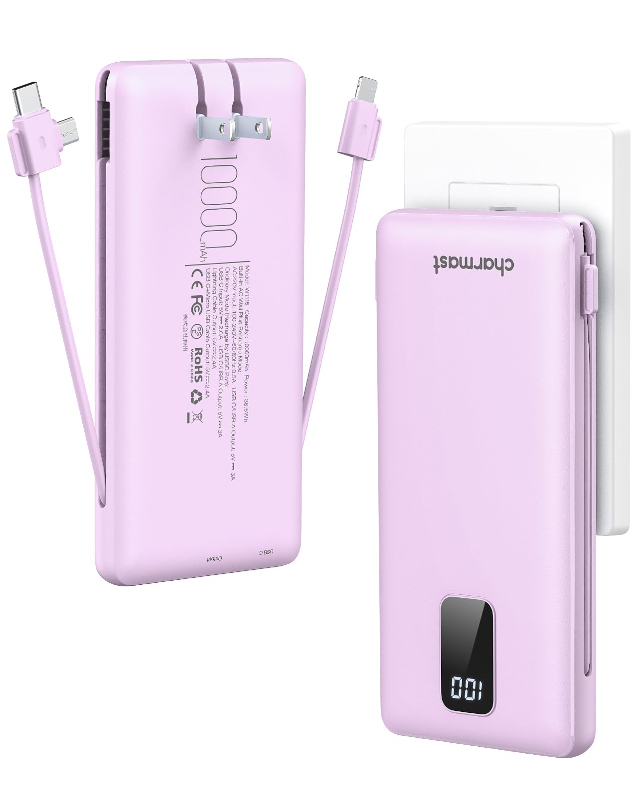 Charmast Portable Charger with Built-in Cables and AC Wall Plug, 10000mAh Ultra Slim Power Bank, External Battery Pack, Travel Accessories Compatible with iPhone 14/13, Samsung Galaxy, etc