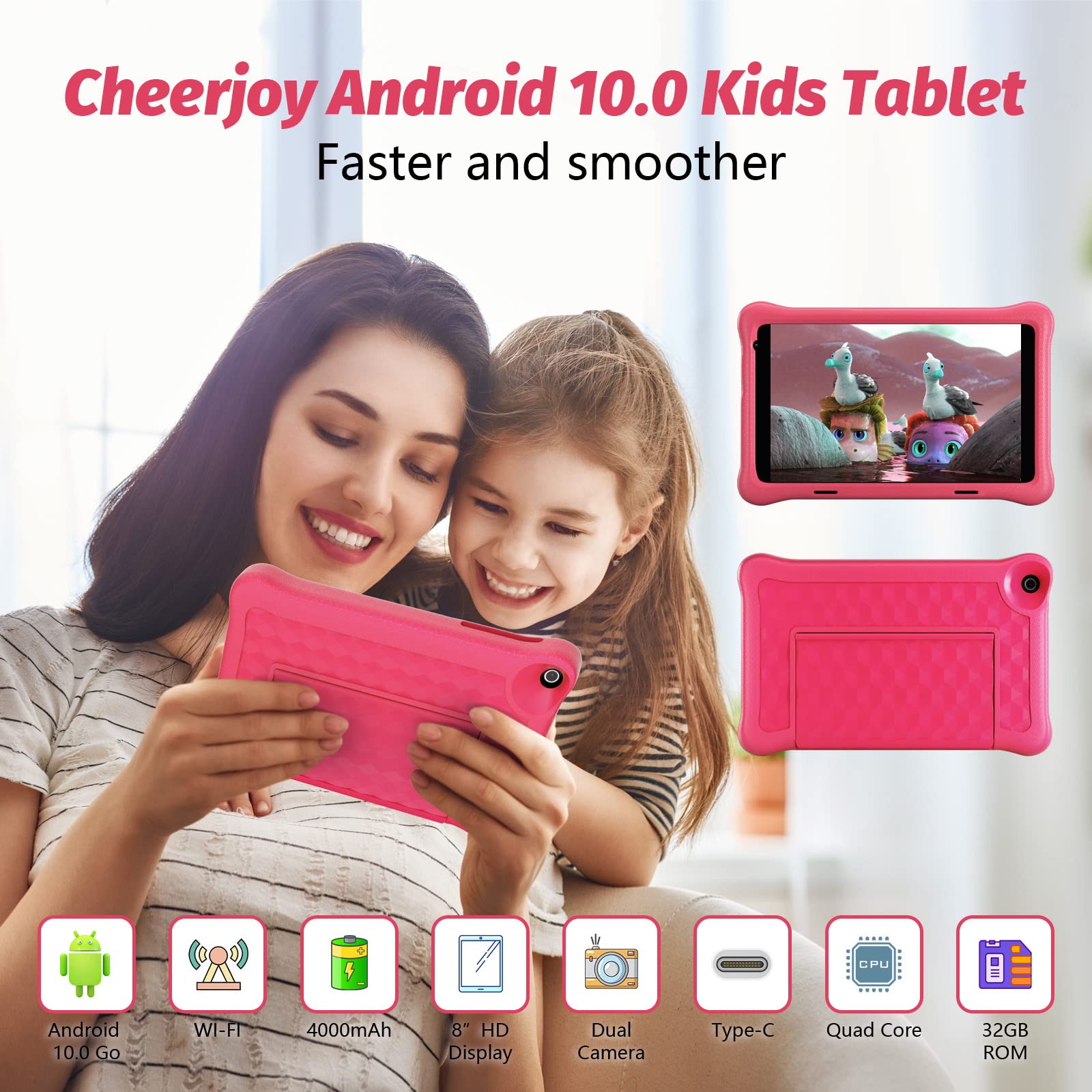 Cheerjoy Kids Tablet 8 inch Tablet for Kids 4000mAh 2GB+32GB HD 1280 * 800 Learning Kids Tablets with WiFi, Bluetooth, Dual Camera, Parental Control (Pink)
