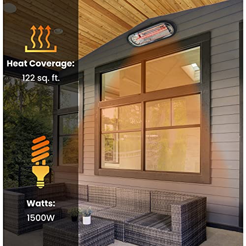 Hanover 16.5'' Electric 1500W Halogen Heat Lamp with Ceiling/Wall-Mount Bracket, Powerful Heating for Outdoor Areas up to 122 Sq.Ft., Ideal for Porch, Garage, Workshop, Black