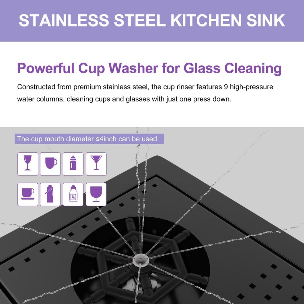 BULUBEE Black Stainless Steel Bar Sink with Glass Rinser, Single Bowl Kitchen Sink, Drop-in or Undermount (23"L x 15"W x 9"D)