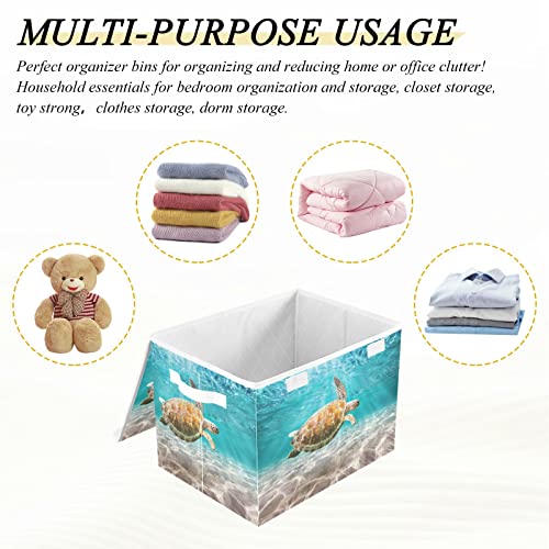 Kigai Storage Basket Underwater Sea Turtle Storage Boxes with Lids and Handle, Large Storage Cube Bin Collapsible for Shelves Closet Bedroom Living Room, 16.5x12.6x11.8 In