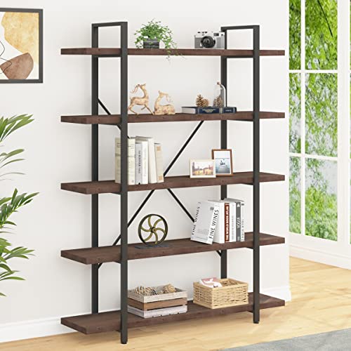IBF 5 Tier Solid Wood Bookshelf, Industrial Natural Real Wood Metal Tall Bookcase, Modern Rustic Large Open Book Shelf Storage, Farmhouse Wide Etagere Bookcase for Office Living Bedroom, Rustic Gray