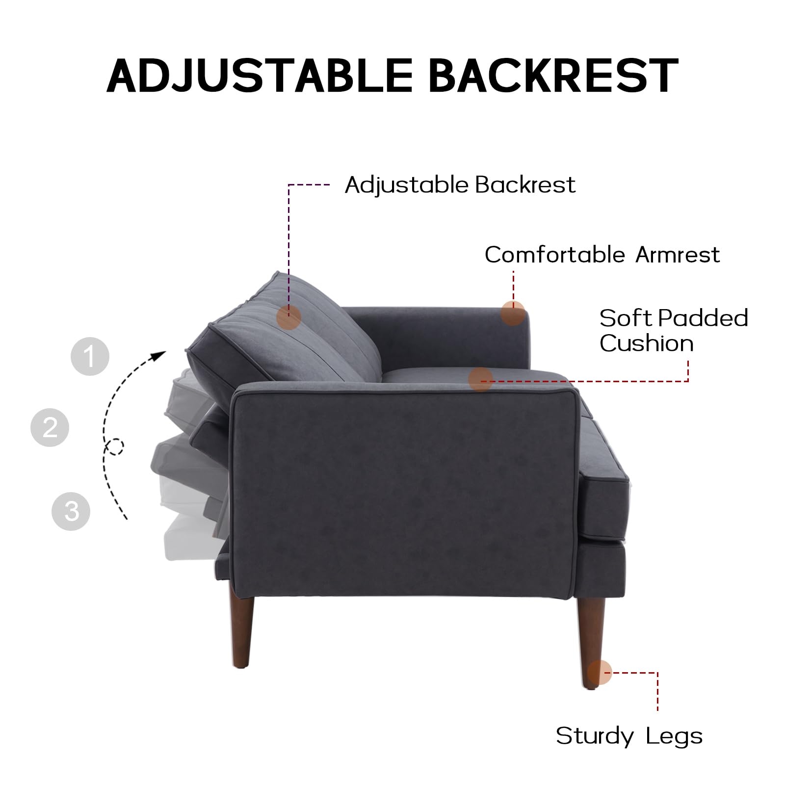 EBELLO Sofa Bed, Faux Leather Sleeper Sofa with Soft Padded Seat and Wood Frame, Convertible Futon Couch for Living Room, Grey