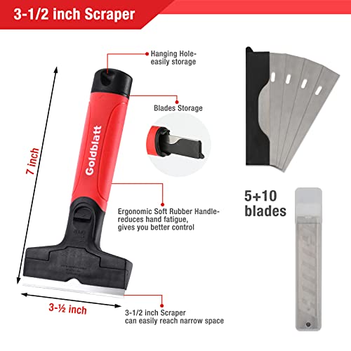 Goldblatt 2 Pieces Glass Scraper Set with 20-piece Blades - 4 Inch Industrial Floor Scraper Tool with Long-Handle, Heavy Duty Razor Holder for Cleaning Caulk, Paint, Glue on Glass, Tiles, Walls