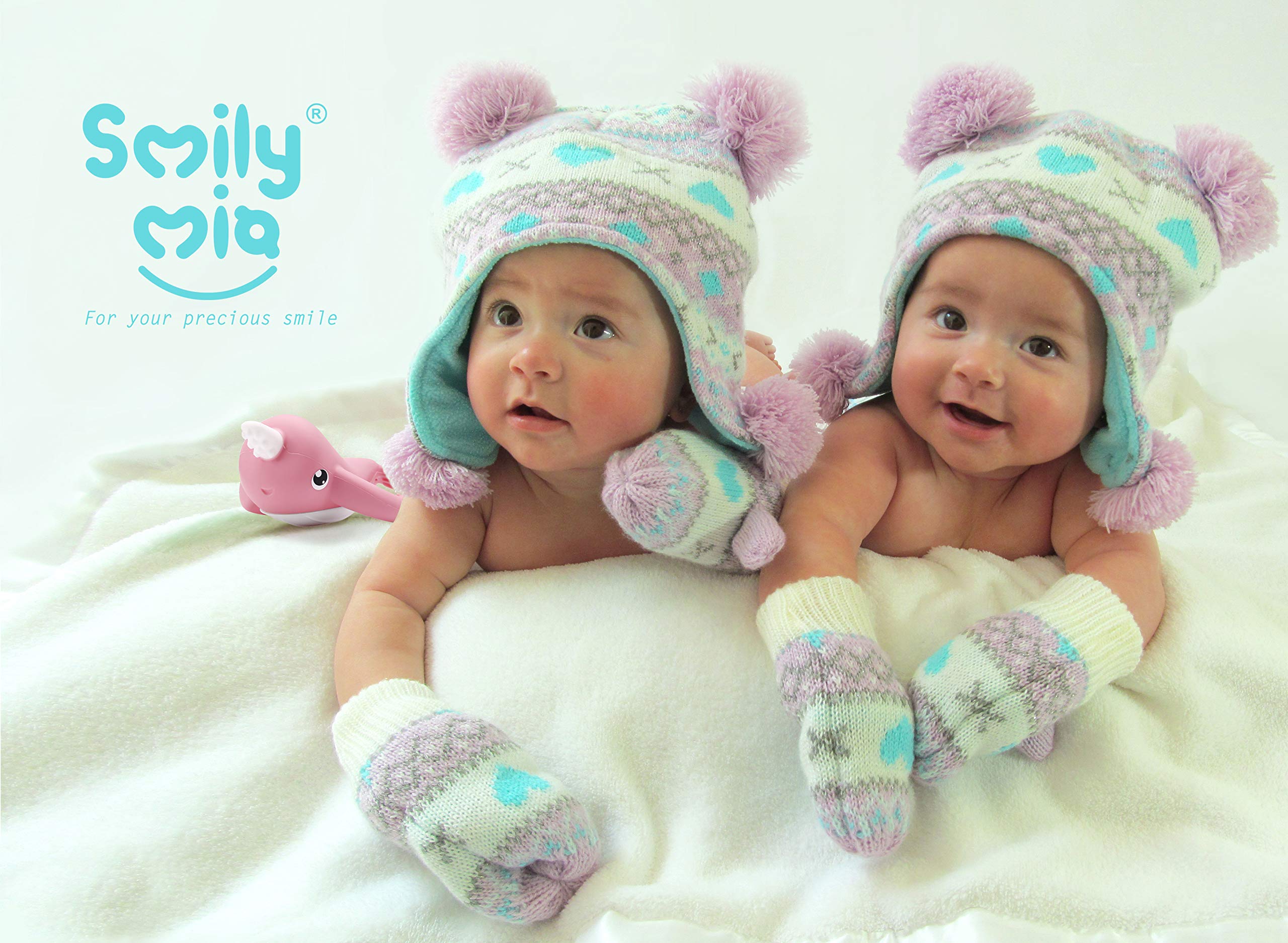 Smily Mia Nora Narwhal Soft Silicone Teething Toy/Toothbrush with Two Handles for 3M+ Babies Teething Pain Relief, Pink