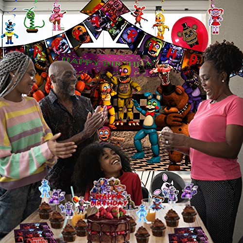 Kikuke fnaf Birthday Party Supplies, 117 Pcs Halloween Party Decorations Includes Backdrop, Cake Topper, Invitation Cards, Happy Birthday Banner, Balloons, Stickers