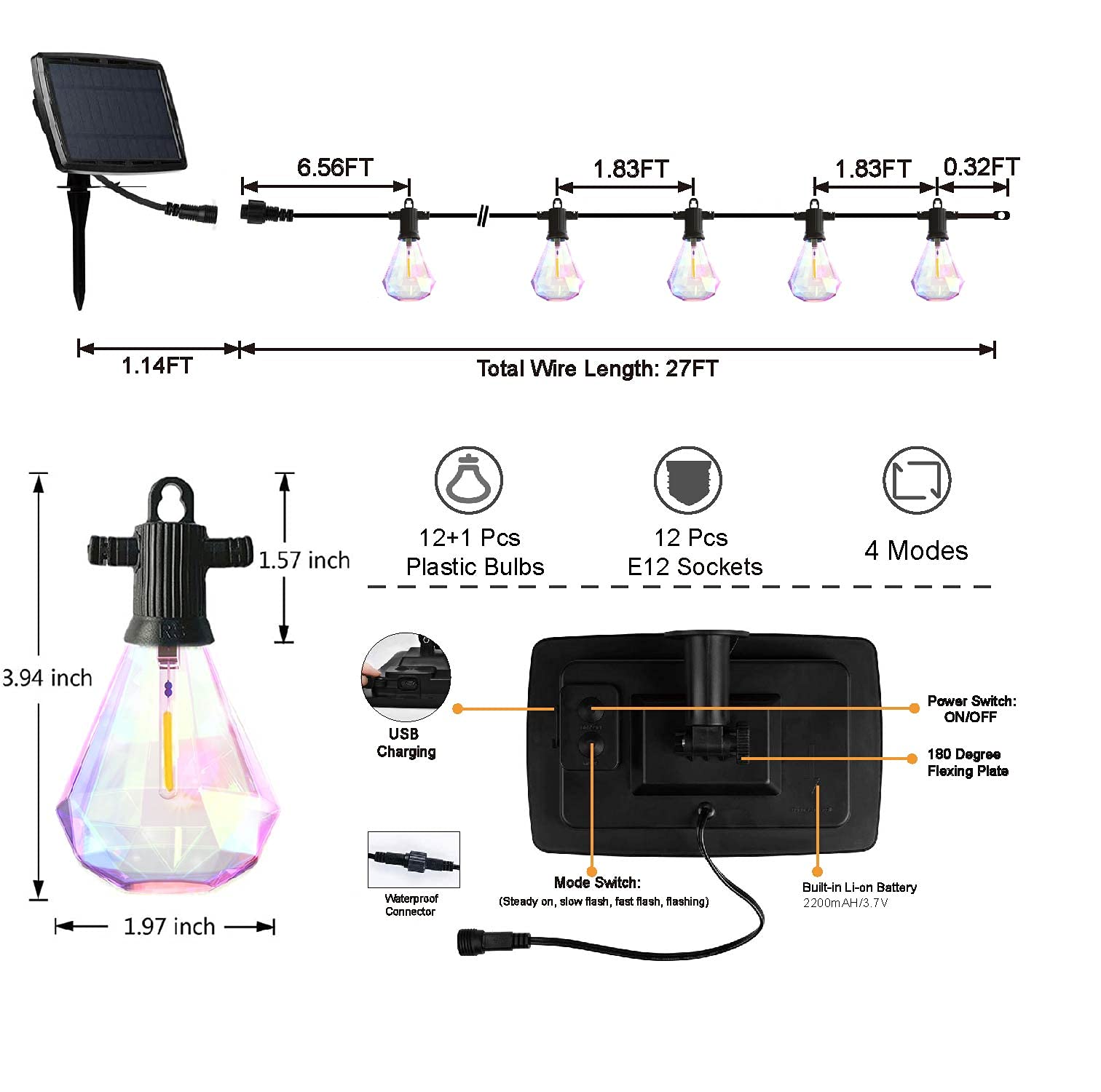 ZOTOYI 27FT Solar String Lights Outdoor Waterproof, Solar Powered Patio Lights with 12+1 Diamond Shaped Bulbs, Shatterproof LED String Lights for Home Yard Pergola Wedding Garden Party, 2200K