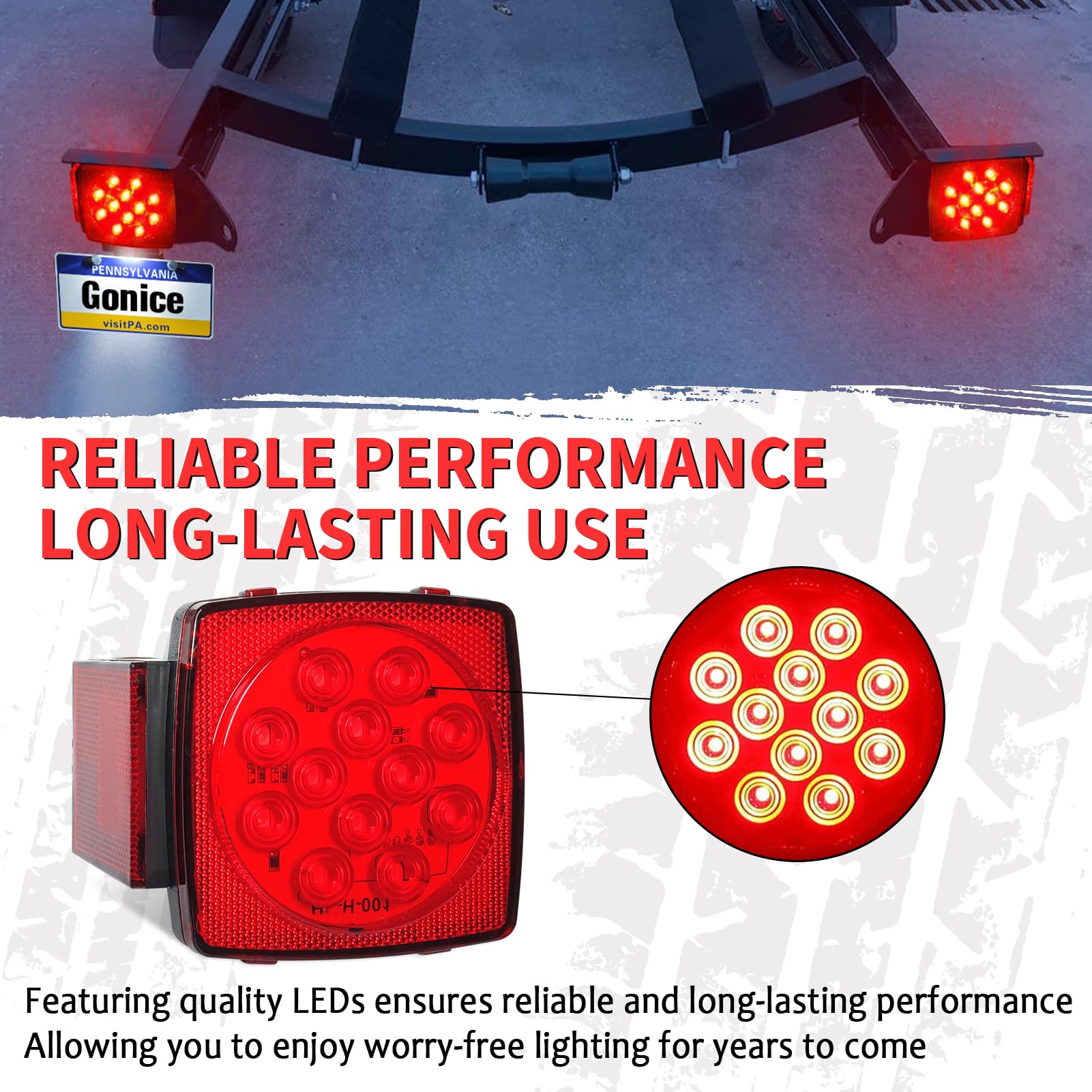 Gonice 2PCS Square LED Trailer Light Kit, Brake Stop Tail Running License Plate LED Light Lamp for 12V Camper Truck RV Boat Snowmobile Marine Under 80", DOT Compliant