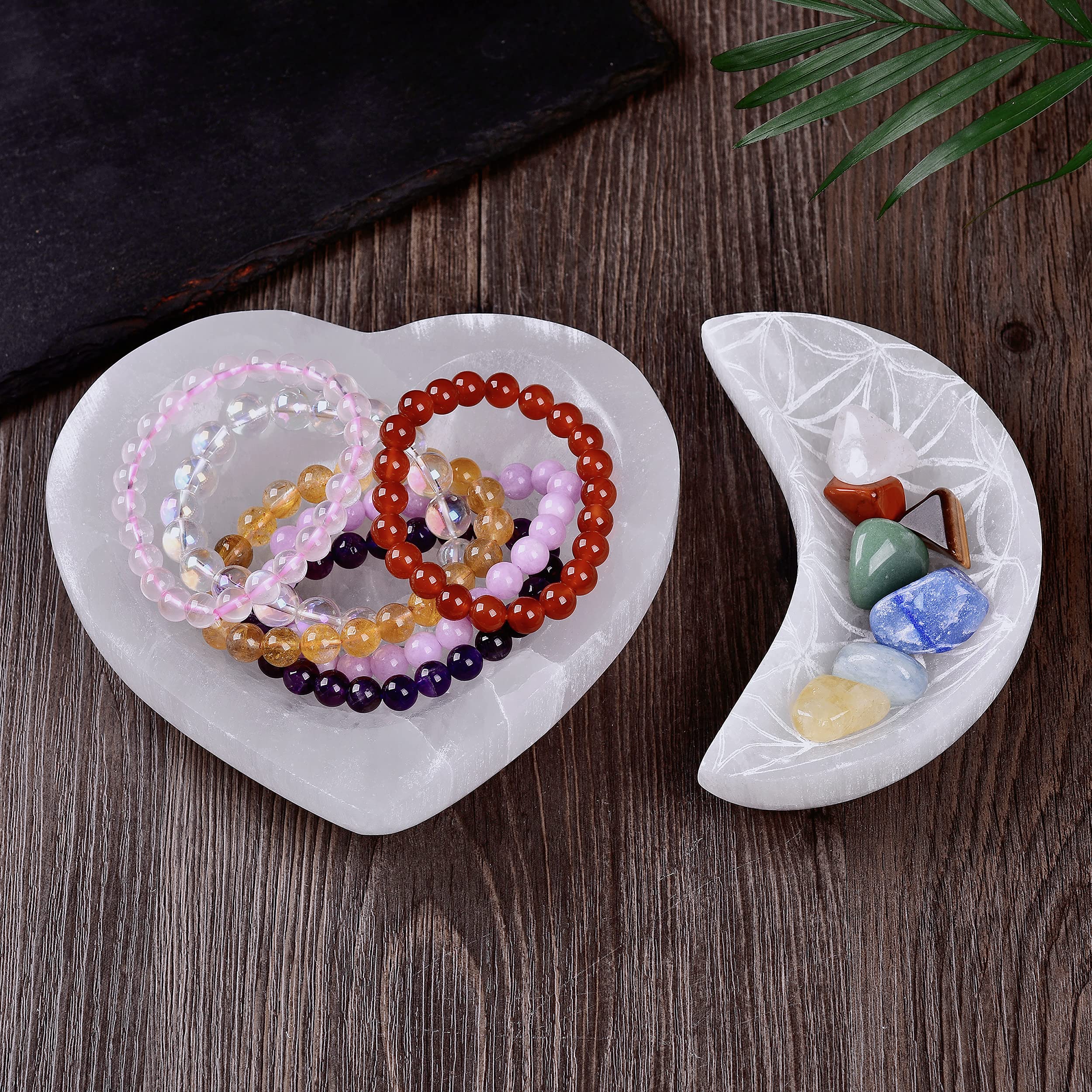 CNYANFEI 4.8” Selenite Moon Bowl Flower of Life Etched Selenite Crystal Tray for Stones White Decorative Gemstone Bowl for Home Decor Crystal Grid Gift