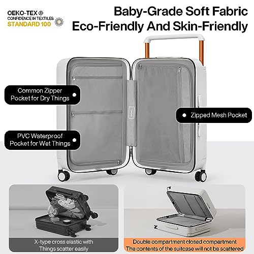 Mixi Carry On Luggage Airline Approved 20'' Lightweight Luggage Wide Handle PC Hardshell Suitcases with Spinner Wheels & TSA Lock, Smoke White