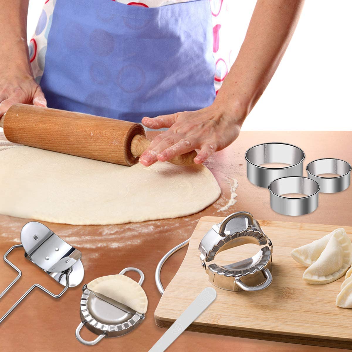Dumpling Press Molds Set and Cutter Dumpling Skin Maker Stuffing Spoon Flour Ring Cutter,Chinese Dumpling Pie Ravioli Empanadas Press Mold Kitchen Accessorie