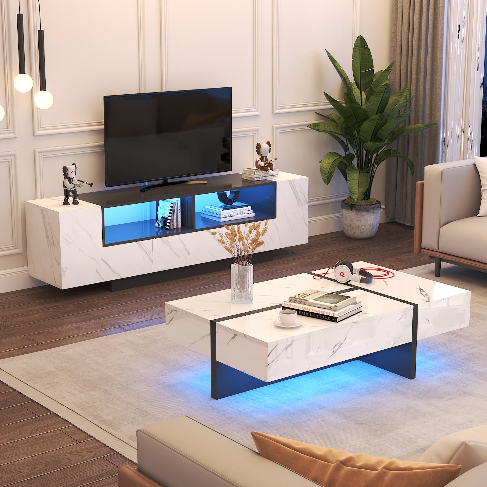 chartustriable 47.2" Modern Coffee Table for Living Room, LED High Gloss Coffee Table with Storage Drawers and LED Light, Center Table for Living Room(Black & Marble)