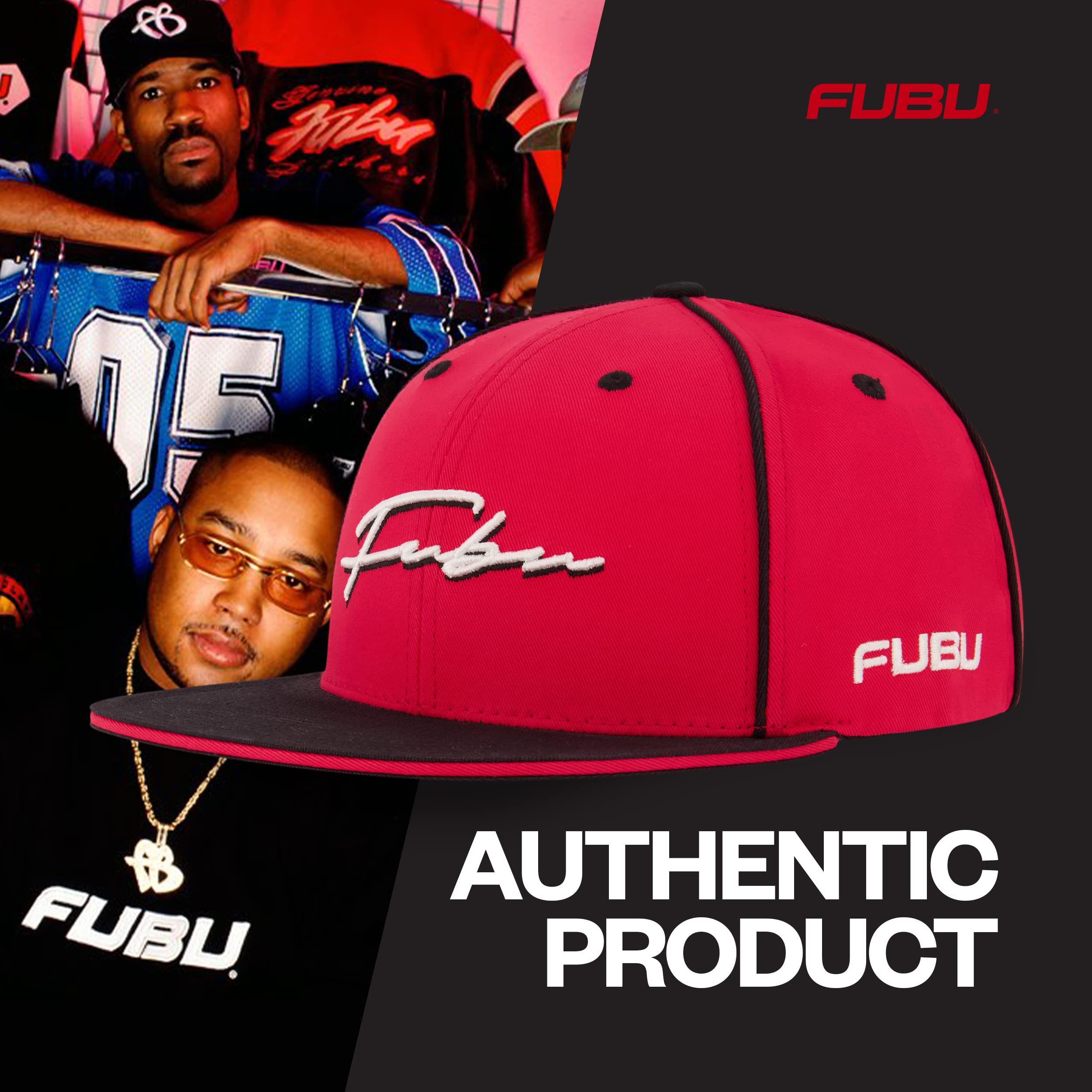 Concept One FUBU Baseball Cap, Cotton Adult Snapback Hat with Cursive Logo, Adjustable, Flat Brim, Red, One Size