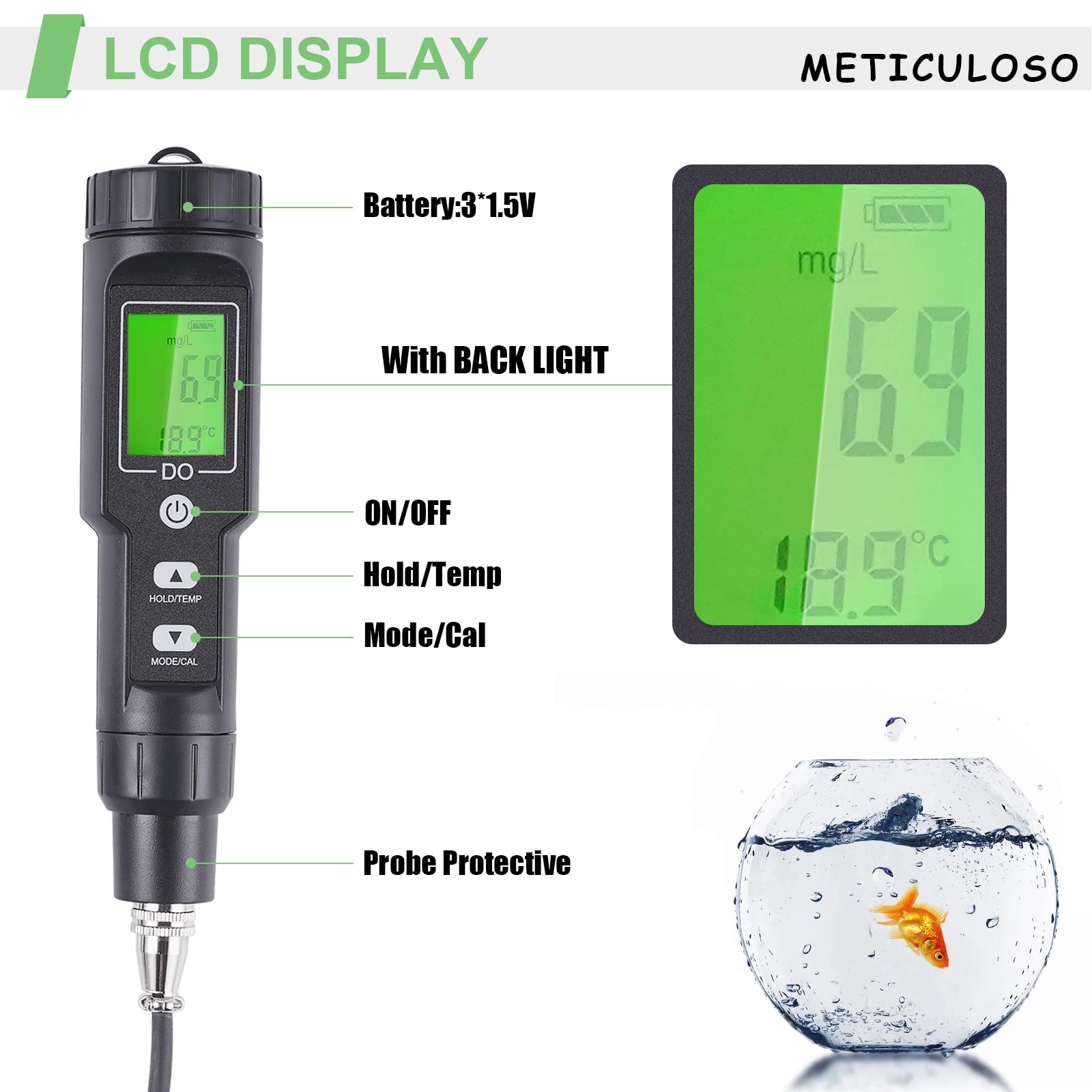 Meticuloso Portable Dissolved Oxygen Meter, DO Range:0-40.00 mg/L, Temperature Compensation: 0-40℃, with Backlight(Not Include Electrolyte Solution)
