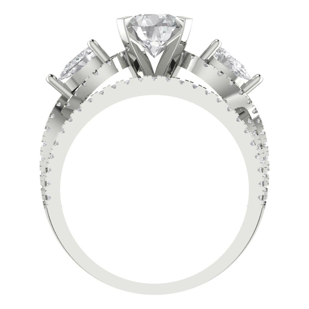 Clara Pucci 2.0ct Round Cut Solitaire 3 stone Genuine Moissanite Engagement Promise Anniversary Bridal Ring Band set 18K White Gold 10.5