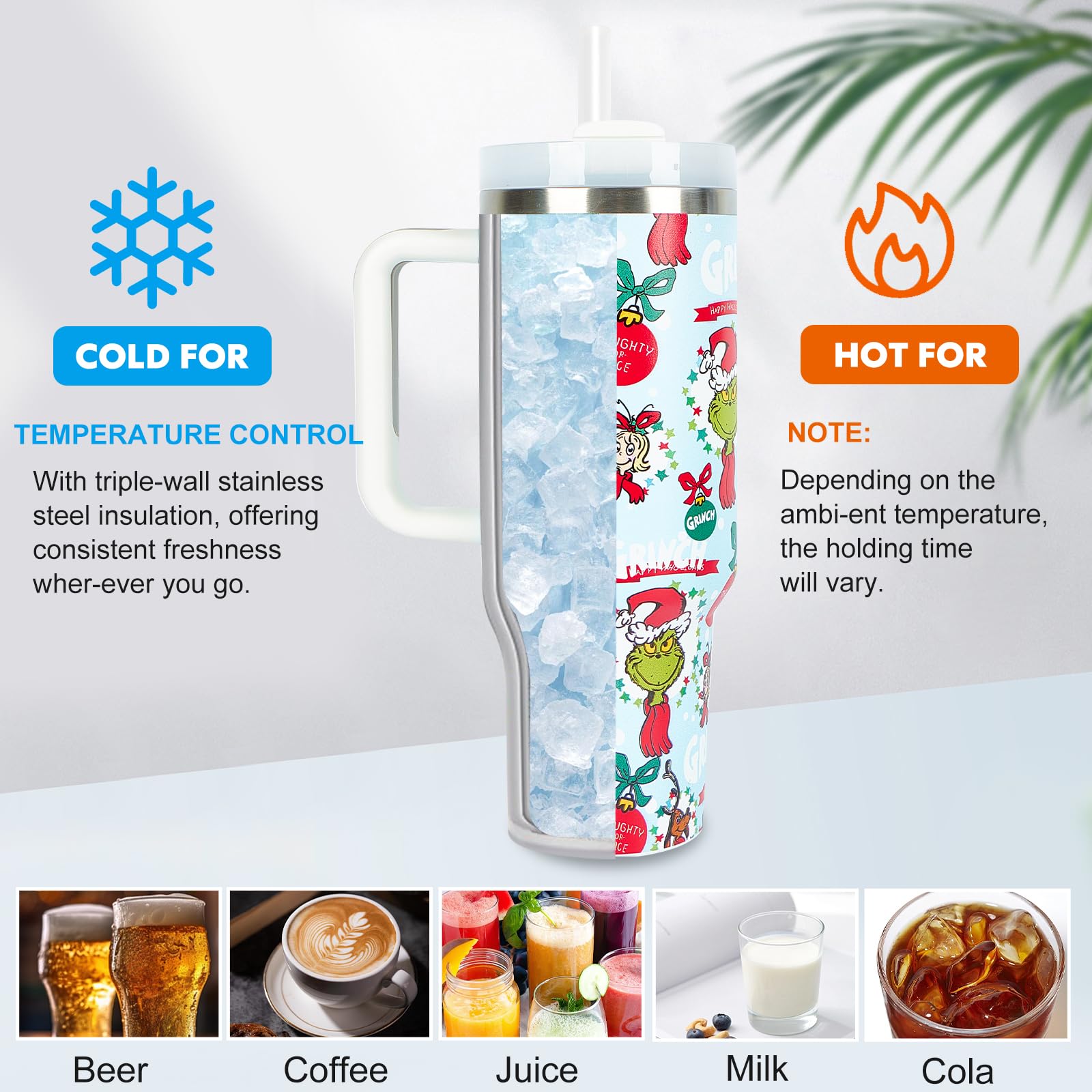 Funny Chrismas Stainless Steel Xmas Tumbler with Handle and Straw, Fits in Standard Cup Holder, 40 Ounces