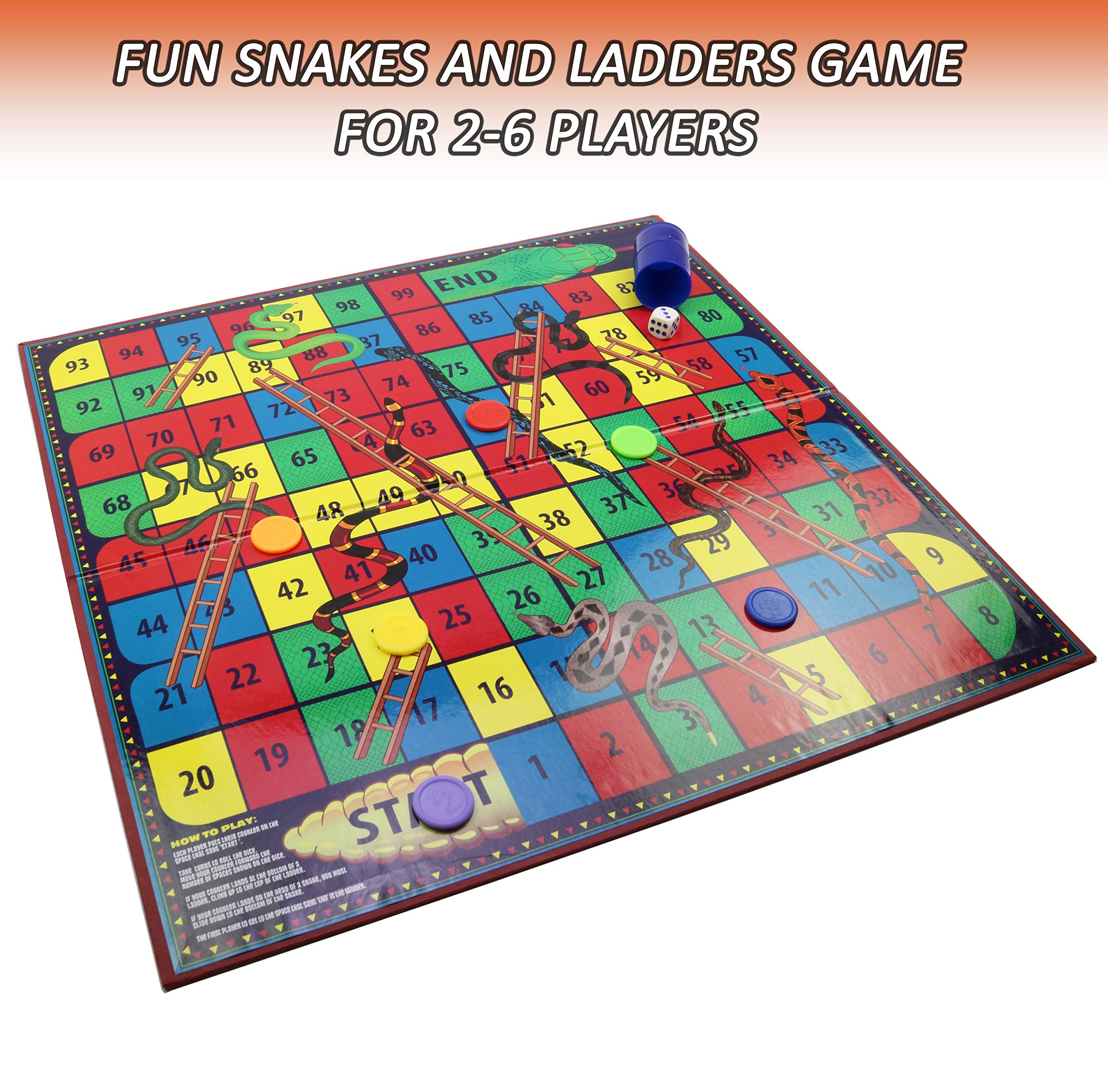 Snakes and Ladders Board Game for All Ages - Fun Family Games Snakes and Ladders for 2-6 Players