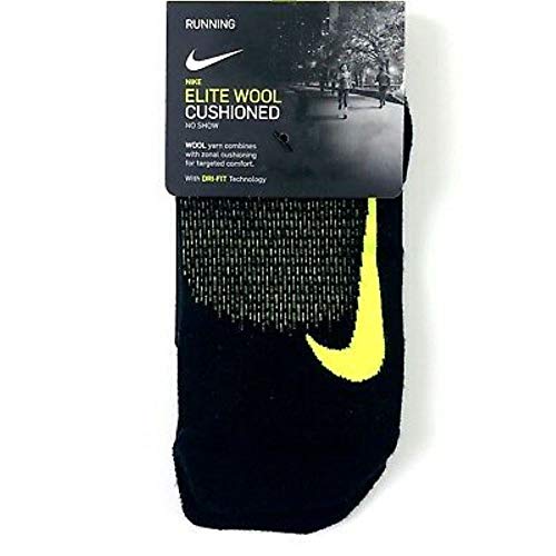 Nike Elite Wool Cushioned Running No Show Socks Size Men 8-9.5, Women 9.5-11 SX7208-010 Black, Volt