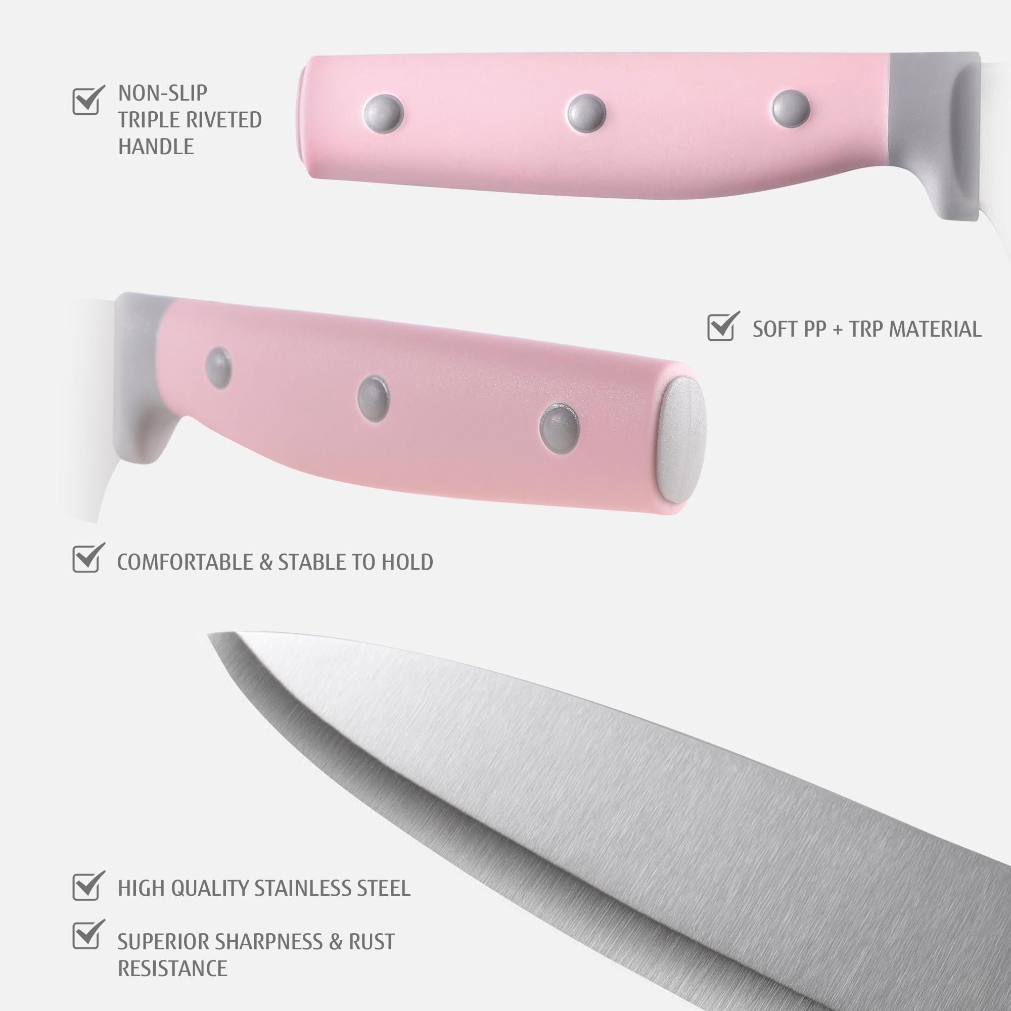 hecef Kitchen Knife Set with Magnetic Strip, 6 pcs Professional Knives Set for Kitchen, 13-inch Magnetic Strip Stainless Steel Sharp Chef Knife Set with Pink Handle for Cutting Meat & Vegetable