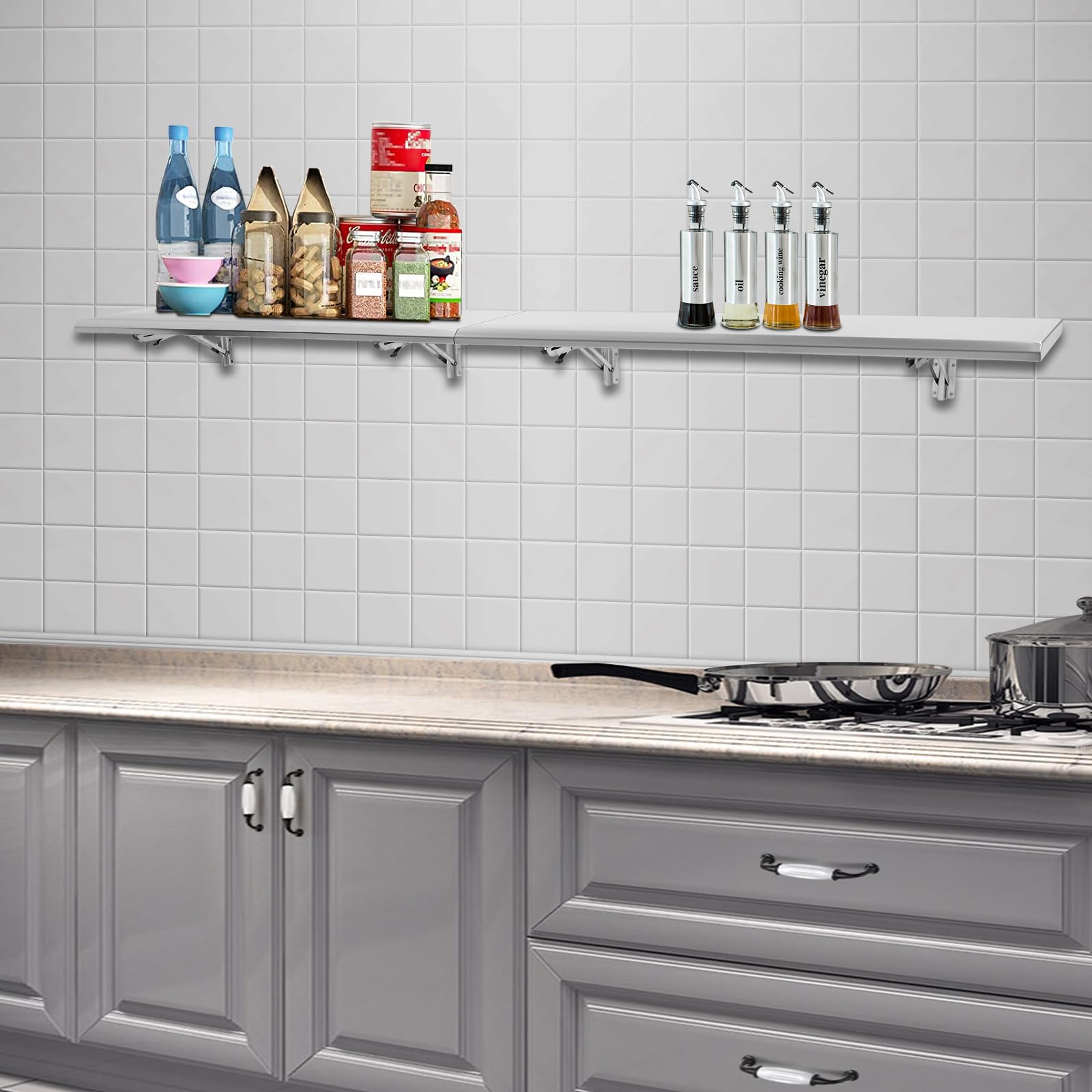 Folding Concession Shelf, 96" x 12" Stainless Steel Durable Wall-Mounted Serving Window Shelf Stand, Kitchens Storage Rack, Heavy-Duty 132 lbs Load Capacity Shelving for Food Trucks Trailers