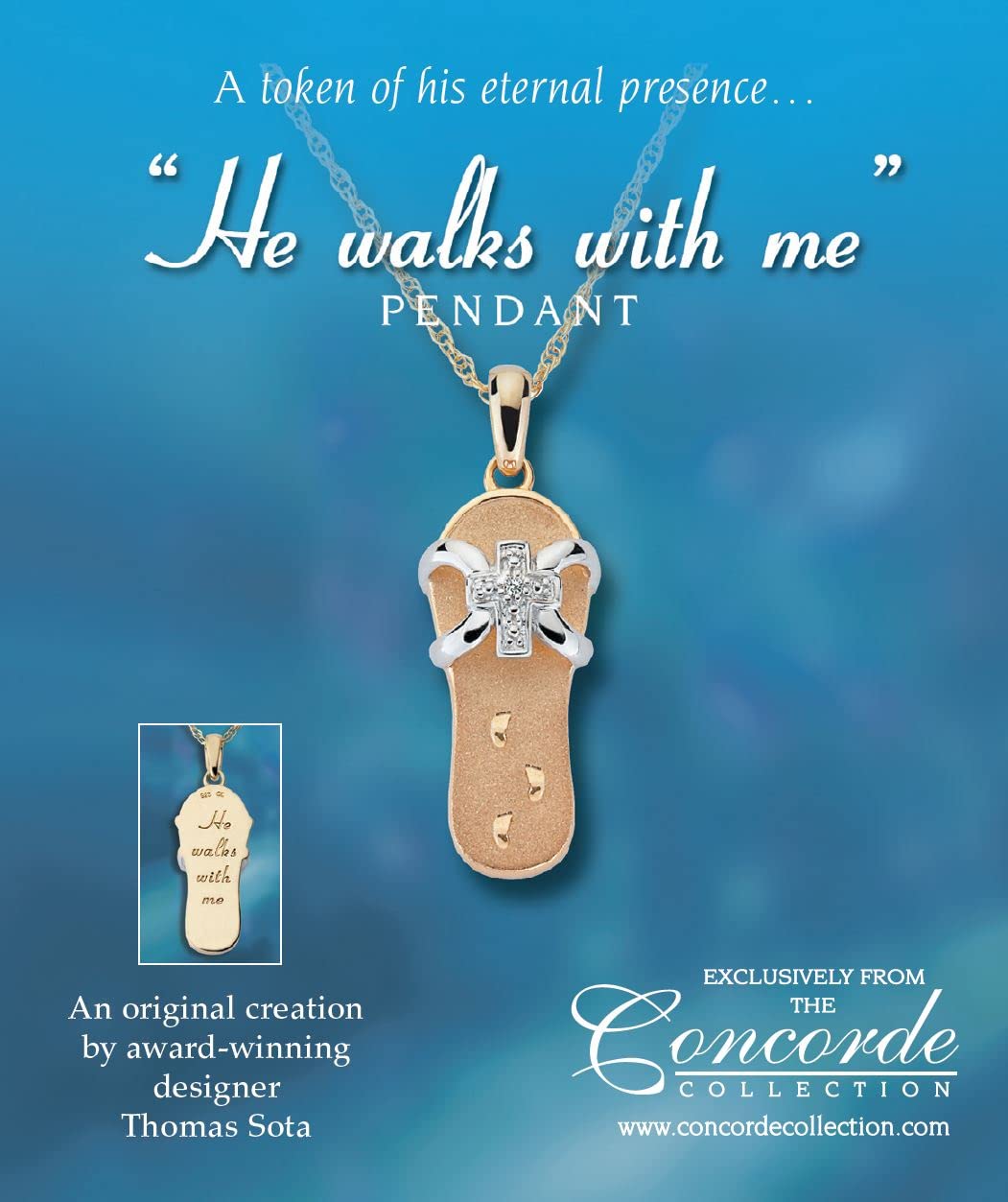 CONCORDECOLLECTION.COM He Walks With Me Pendant - 14K Gold plated Sterling Silver Sandal, Cross with Diamond Accent, He Walks with Me Engraving - Concorde Collection #WWM