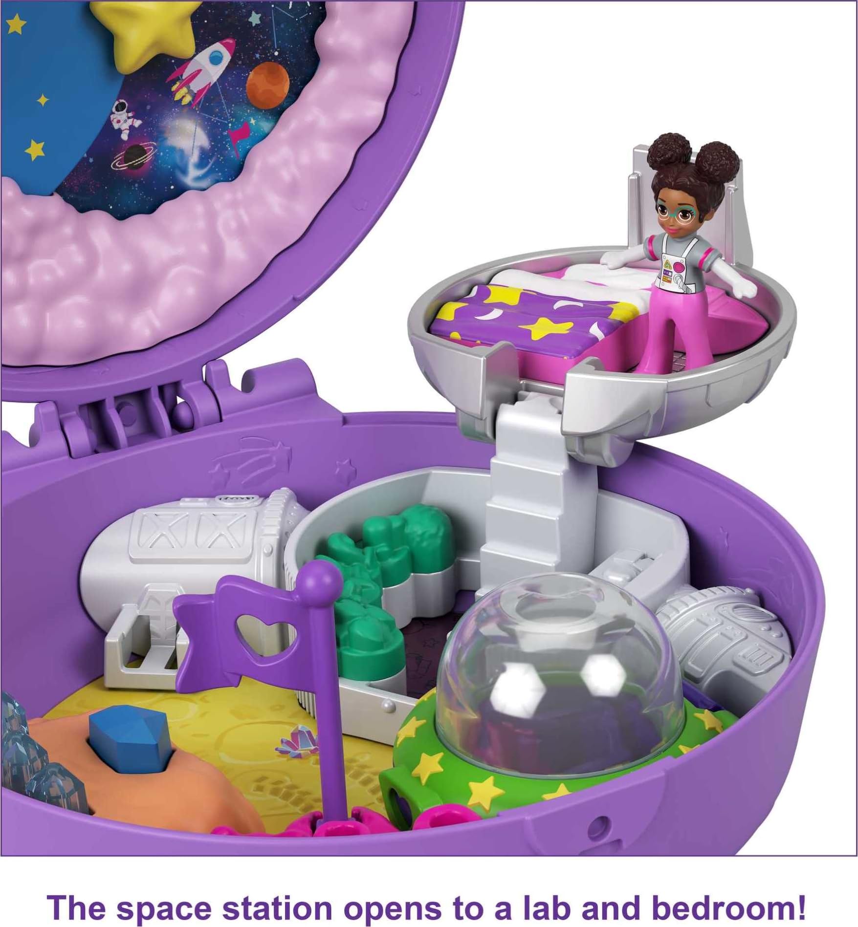 Polly Pocket Playset with 2 Micro Dolls, Toy Car & Surprise Accessories, Saturn Space Explorer Compact for Travel