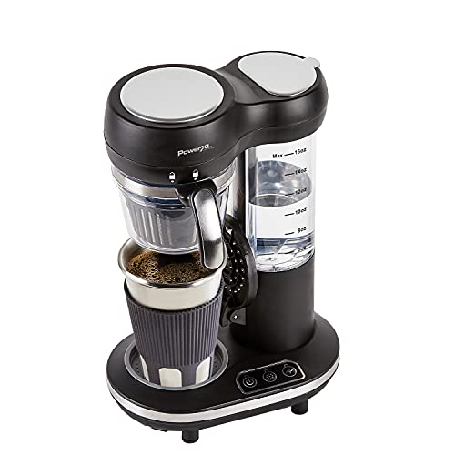 PowerXL Grind & Go, Automatic Single Serve Coffee Maker with Grinder Built-in and 16 oz. Travel Mug, Single Cup Drip Coffee Machine, Stainless Steel Blades, CL-004, Black