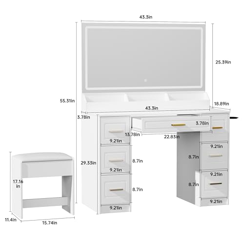 Homesflex Vanity Desk with Mirror and LED Lights, 43'' W Makeup Vanity Desk with Power Outlet, 3 Color Modes, 7 Drawers Vanity Table with Chair, Dressing Table for Bedroom, Dressing Room (White)