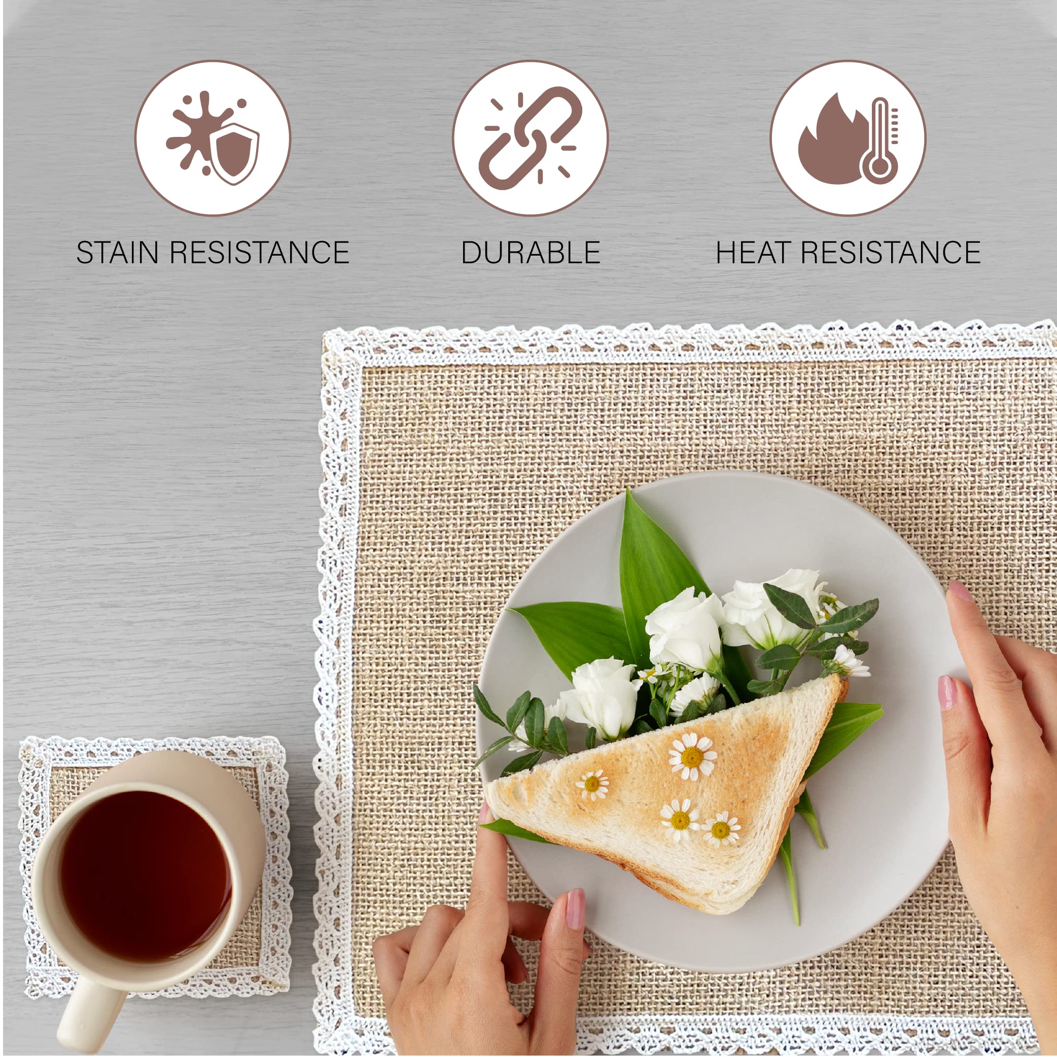 Burlap Placemat 8 pc Set, Farmhouse Placemats Set of 4 with Coasters, Jute Rustic Place Mats and Coasters, Linen Table Mats and Coasters, Set of 4, Heat Resistant