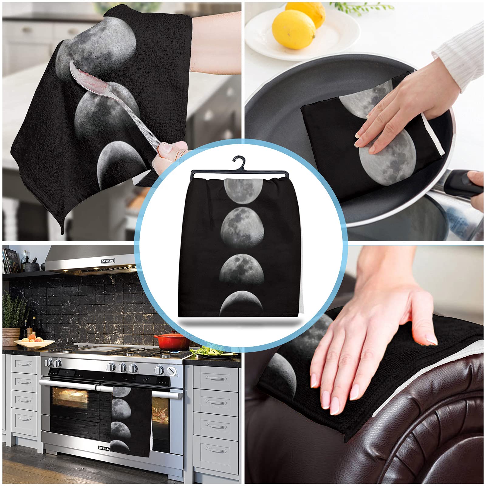 DuoPhi Kitchen Towels Set Round & Semicircle Moon Dish Towel Moon Phase Hand Towel 2 Pack Absorbent Soft Cotton Dishcloths Bar Towels & Tea Towels