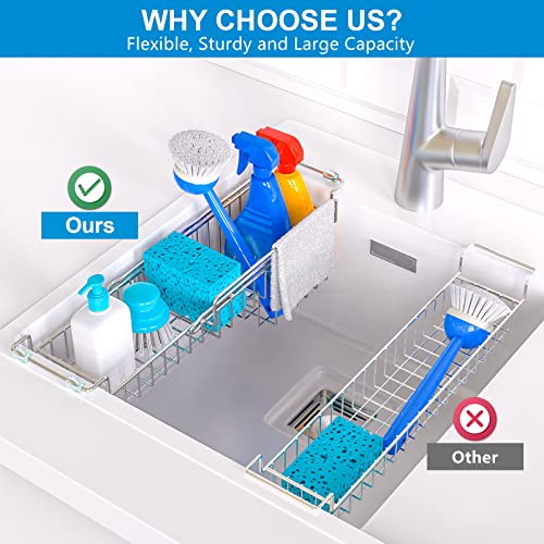 FixOwl Over The Kitchen Sink Caddy Kitchen Sink Organizer Sponge Holder 304 Stainless Steel Expandable Over Sink Rack 12.25" to 17.25"