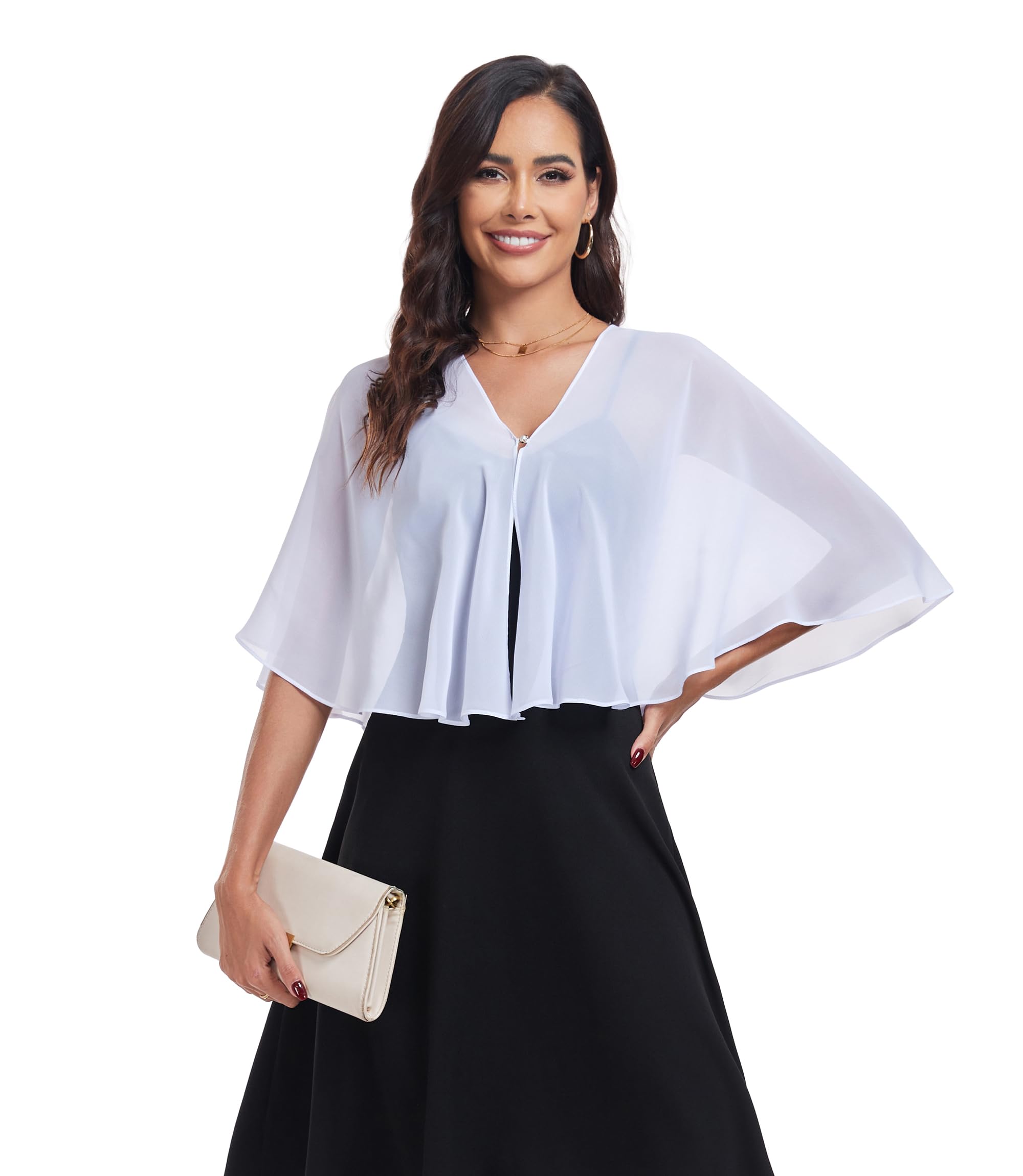 Fttyeiby Shawls and Wraps for Evening Dresses Chiffon Soft Wedding Guest Shawl Cape V Neck Capelets White