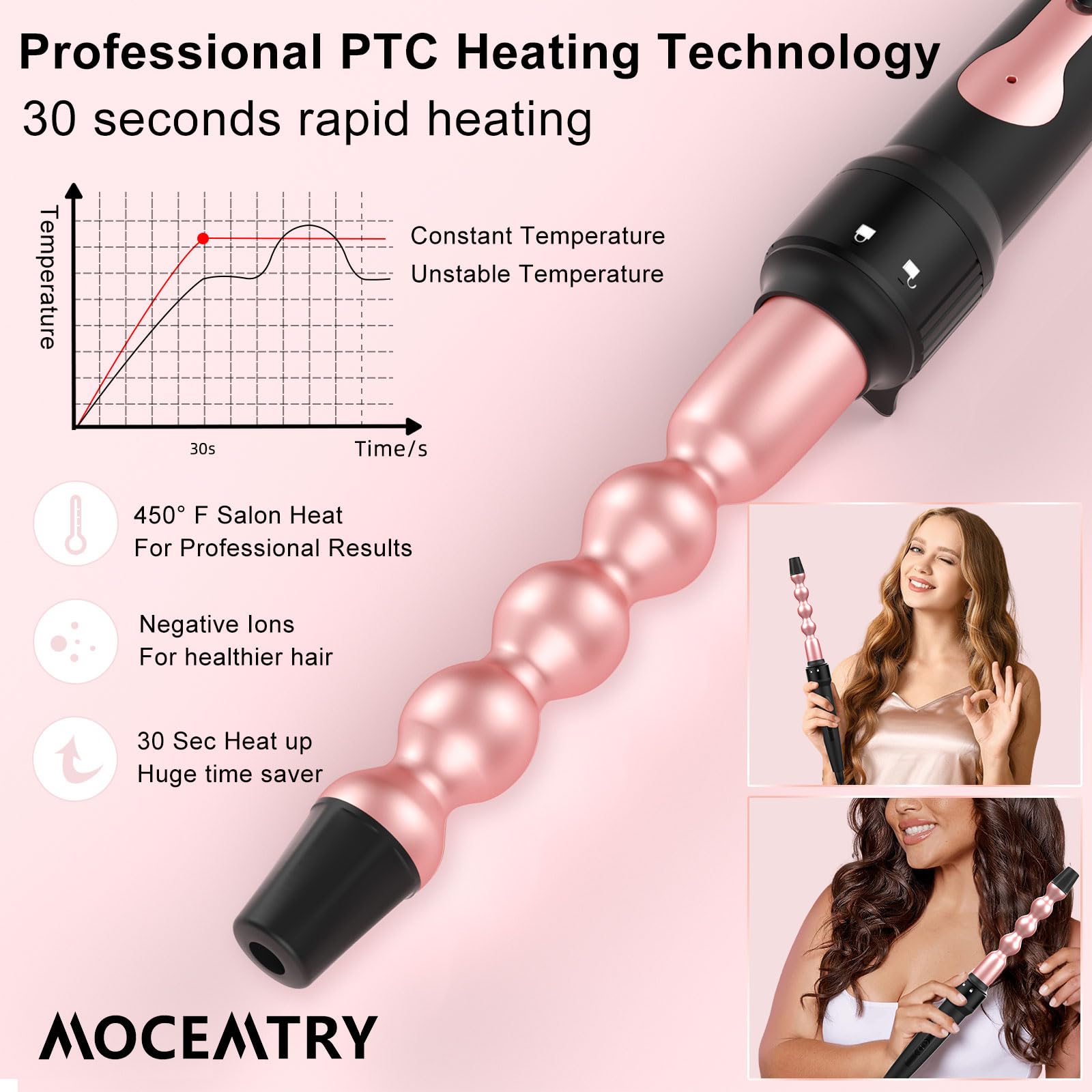 Curling Iron Wand Set, 5 in 1 Wave Hair Curler 0.35-1.25 Inch Interchangeable Ceramic Barrels Crimpers (Pink)