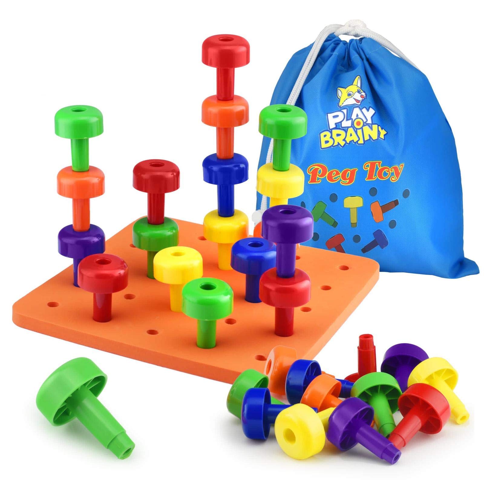 Play Brainy Peg Learning Toy Set – Exciting Montessori Style Colorful Stacking Board Toy for Toddlers & Preschoolers – Perfect for Color Recognition & Matching (30 Pegs)