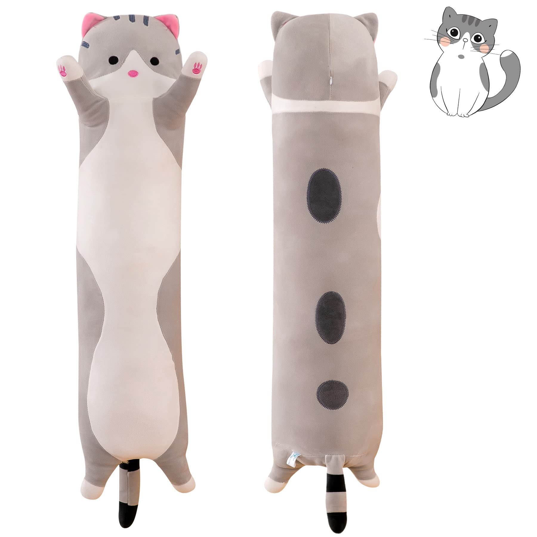 SNOWOLF Cute Cat Plush Long Body Pillow, 43 inch Cat Stuffed Animals Plushie Toy Soft Throw Sleeping Cotton Kitten Pillow Gift for Kids Girls (Gray, 43.3")
