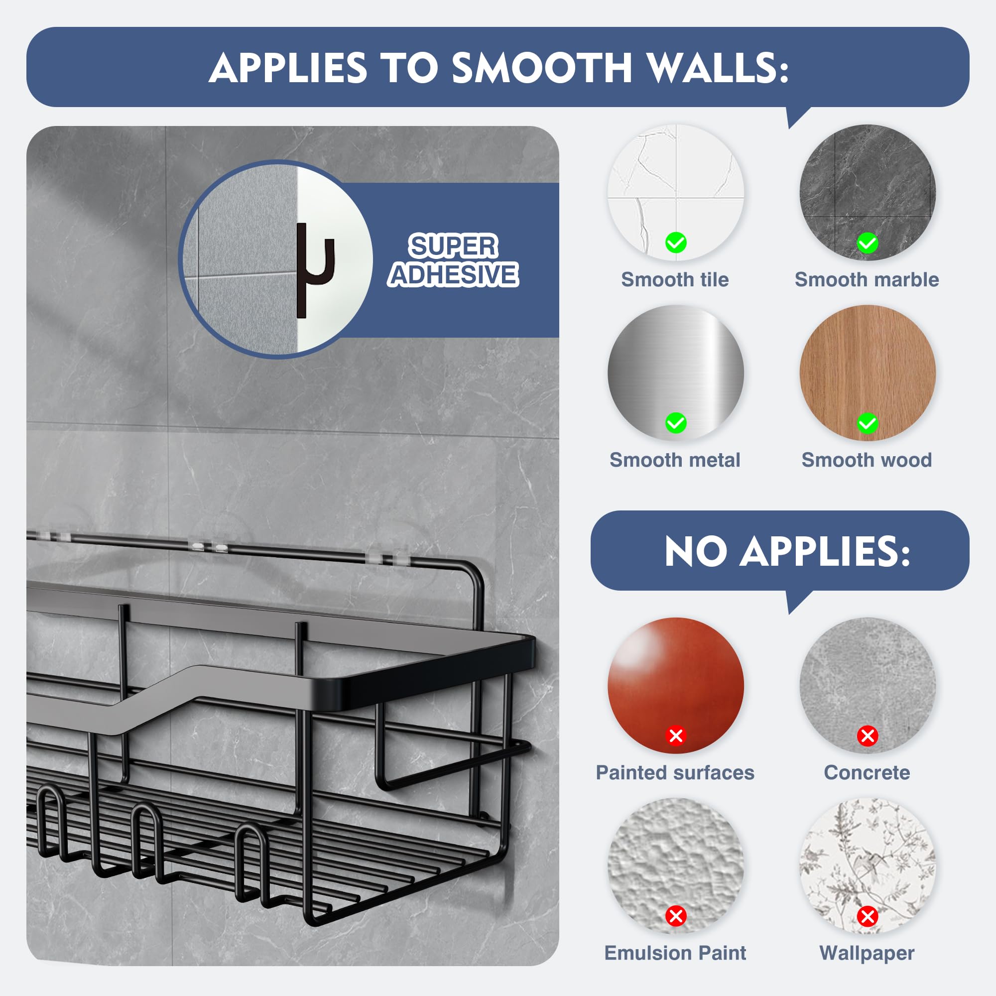 Hometu Adhesive Shower Caddy,6 Pack Rustproof Stainless Steel Bath Organizers With Large Capacity,Suction Cup Versatile Hanging Shelf,No-Drilling Bathroom Shower Organizer,Heavy Duty Shower Holder