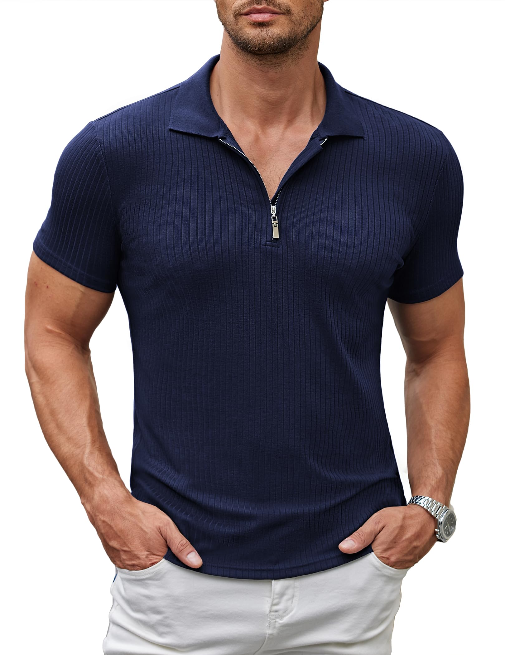COOFANDY Men's Short Sleeve Slim Fit Polo Shirts 1/4 Zip T Shirts Bodybuilding Workout Tees Navy Blue