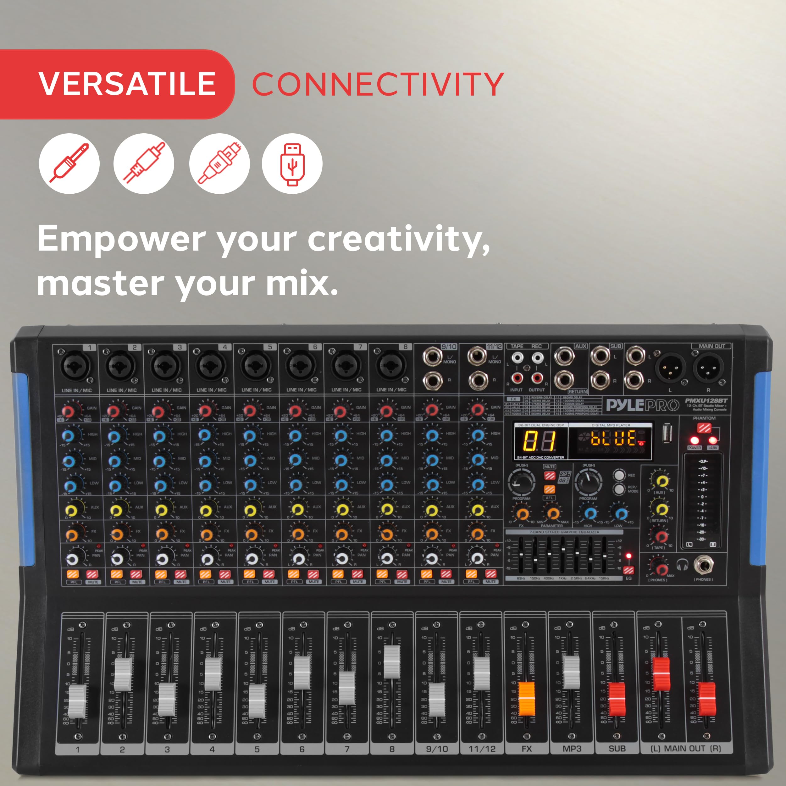PYLE 12-Channel Bluetooth Studio Audio Mixer - DJ Sound Controller Interface with USB Drive for PC Recording Input, RCA, XLR Microphone Jack, 48V Power, For Professional and Beginners - PMXU128BT