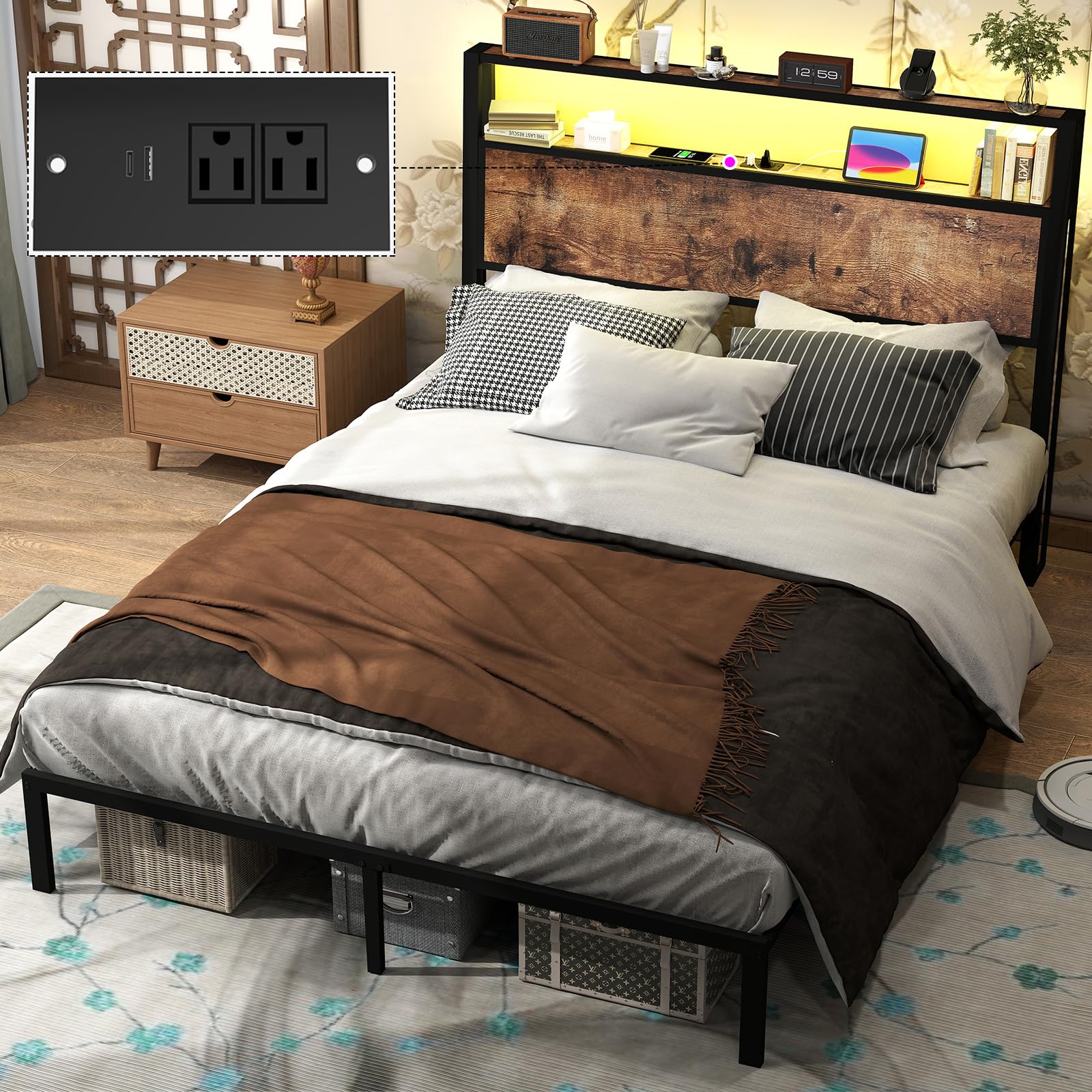 Full Size Bed Frame with Headboard, 2 Tier Storage Headboard with Charging Station, Remote Control Led Lights, Under Bed Storage, Solid and Stable, No Box Spring Needed, Noise Free, Easy Assembly