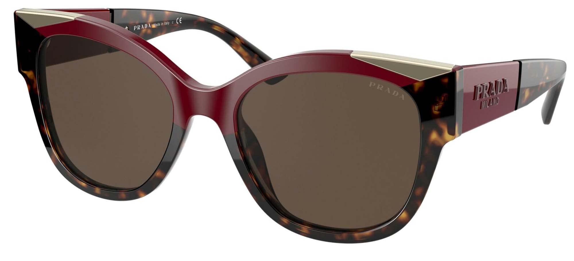 Prada PR 02WS 07C0D1 Maroon/Havana Plastic Square Sunglasses Brown Lens