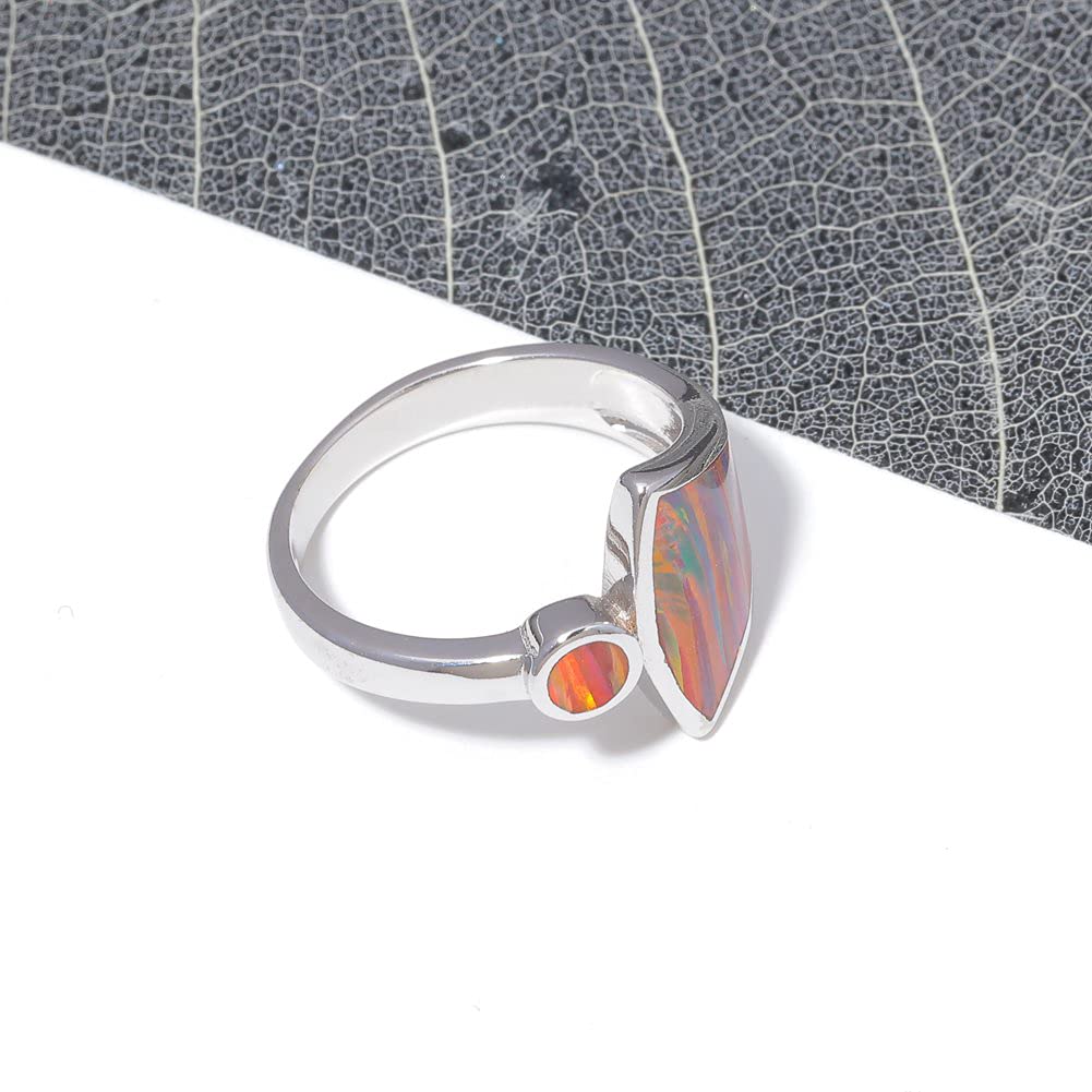 CiNily Sterling Silver Plated Orange Fire Opal Ring Women Jewelry Gemstone Ring Size 7