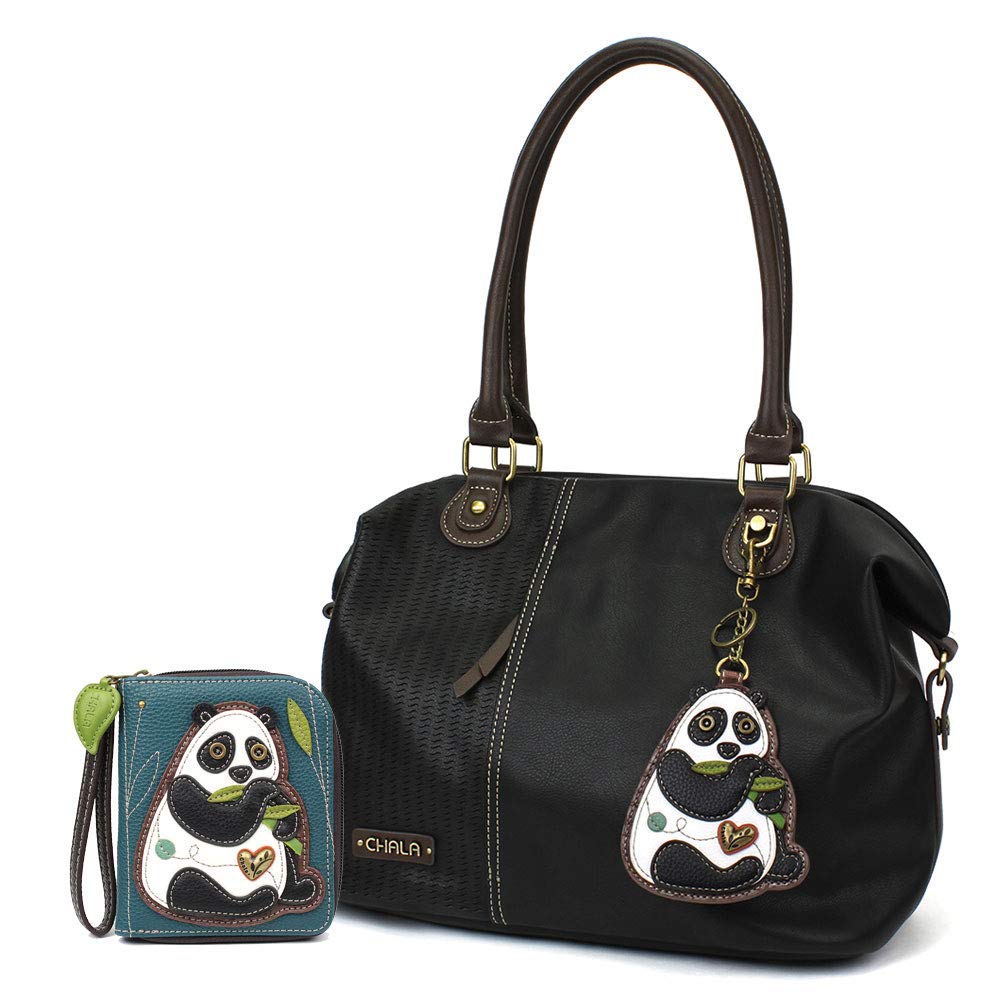 Chala Handbags Black Laser-cut Totes Shoulder Purse with Matching Panda Key-fob and Wallet Combo (Black_Panda Gift Set)