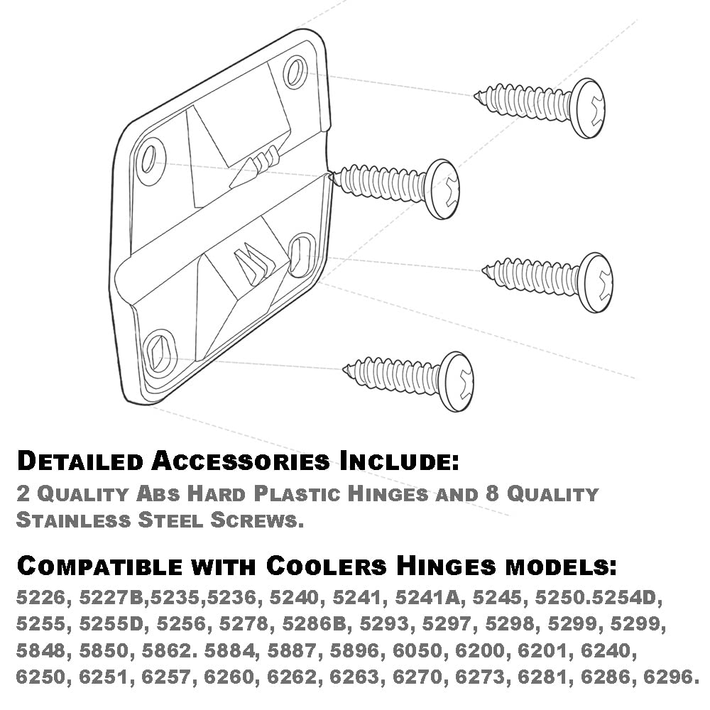 Cooler Replacement Plastic Hinges and Screws Kit, Compatible with Coleman Cooler Models:5226, 5227B,5235,5236, 5240, 5241, 5241A, 5245, and 5250 Quality Cooler Replacement Hinges and Screws 4 Pack.