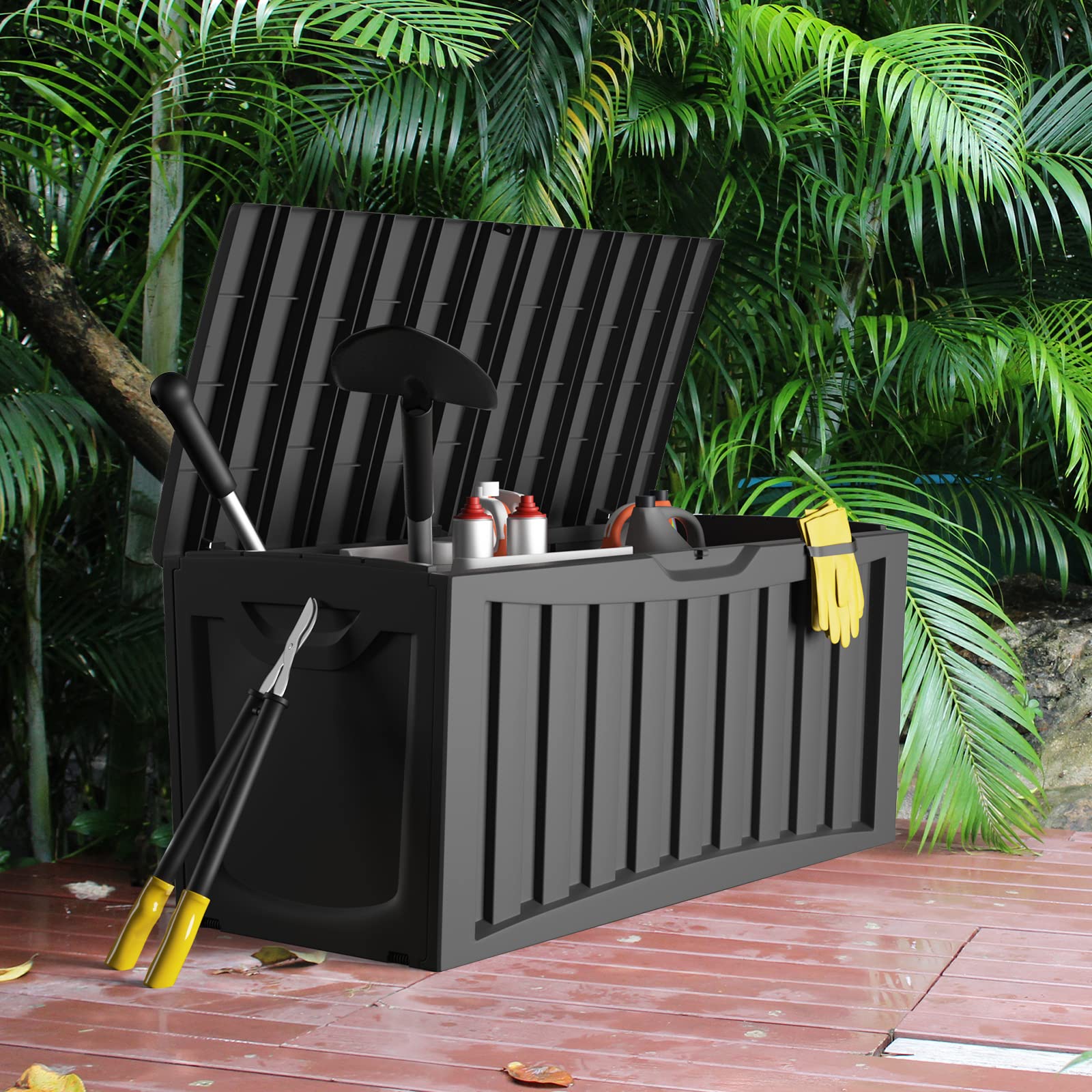 Goplus Outdoor Storage Box, Waterproof 90 Gallon Deck Box with Lockable Lid, Moving Rollers, Handle for Cushion, Pillow, Toy Garden Tools, Outdoor Resin Patio Storage Box for Lawn Yard, Easy Assembly