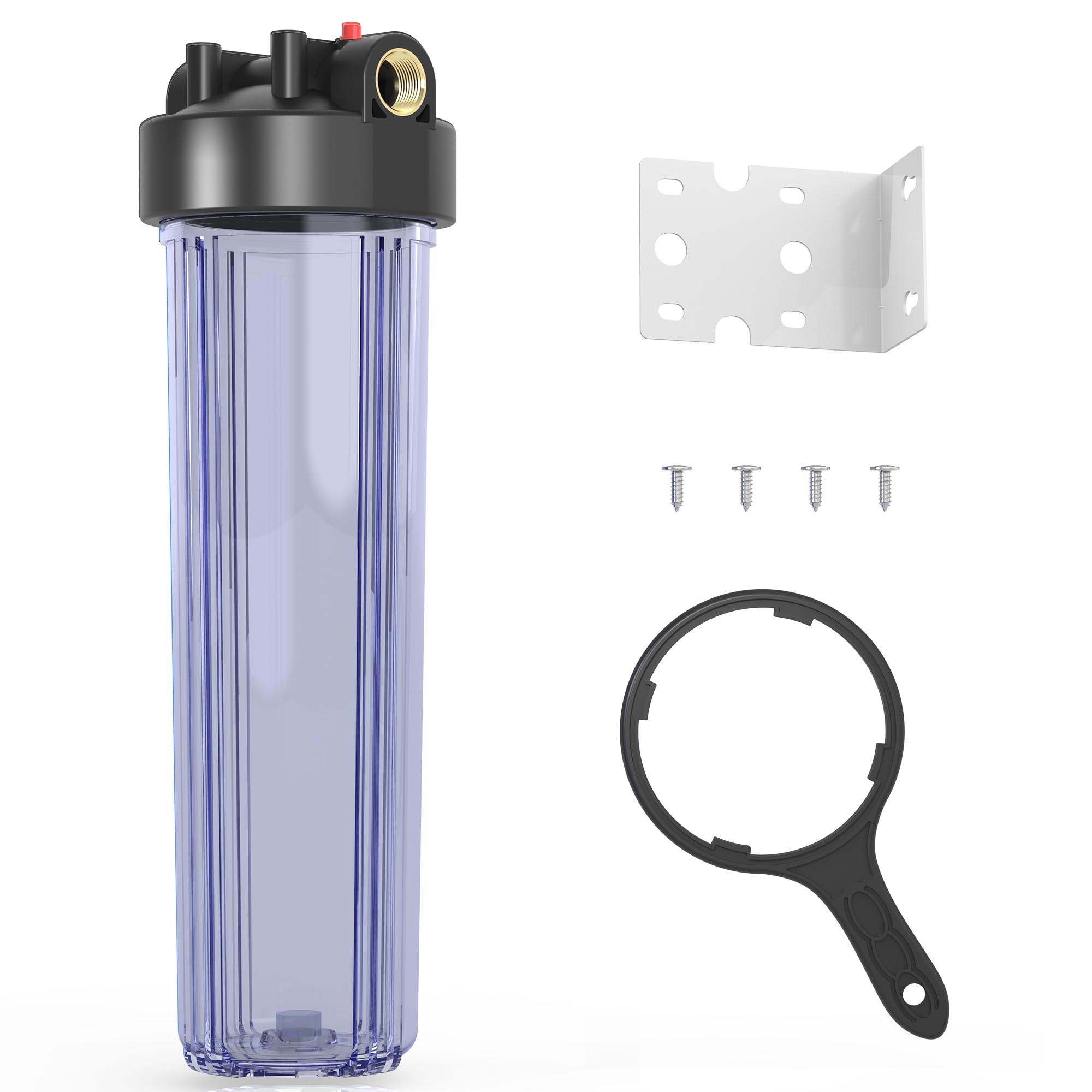 MewMore WHT20 20"x4.5" Whole House Water Filter Housing, Fit Sediment etc Filters for Well and City Water, Big Filter Blue Pre-Filtration System for Home, 1" NPT Port, Pressure Release (Clear Housing)
